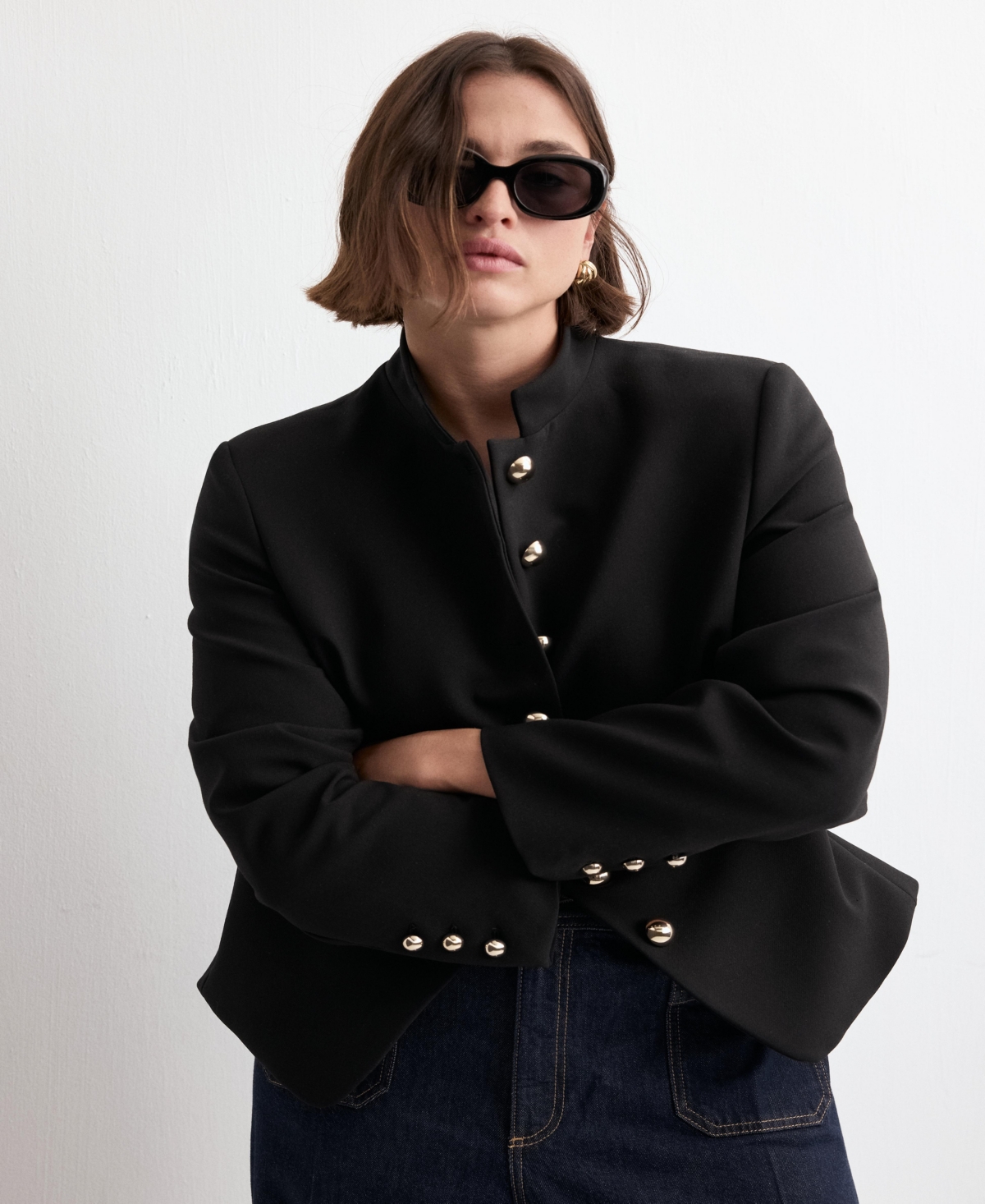 Click here for Mango Womens Jewel-Button Strip Collar Jacket - Bl... prices