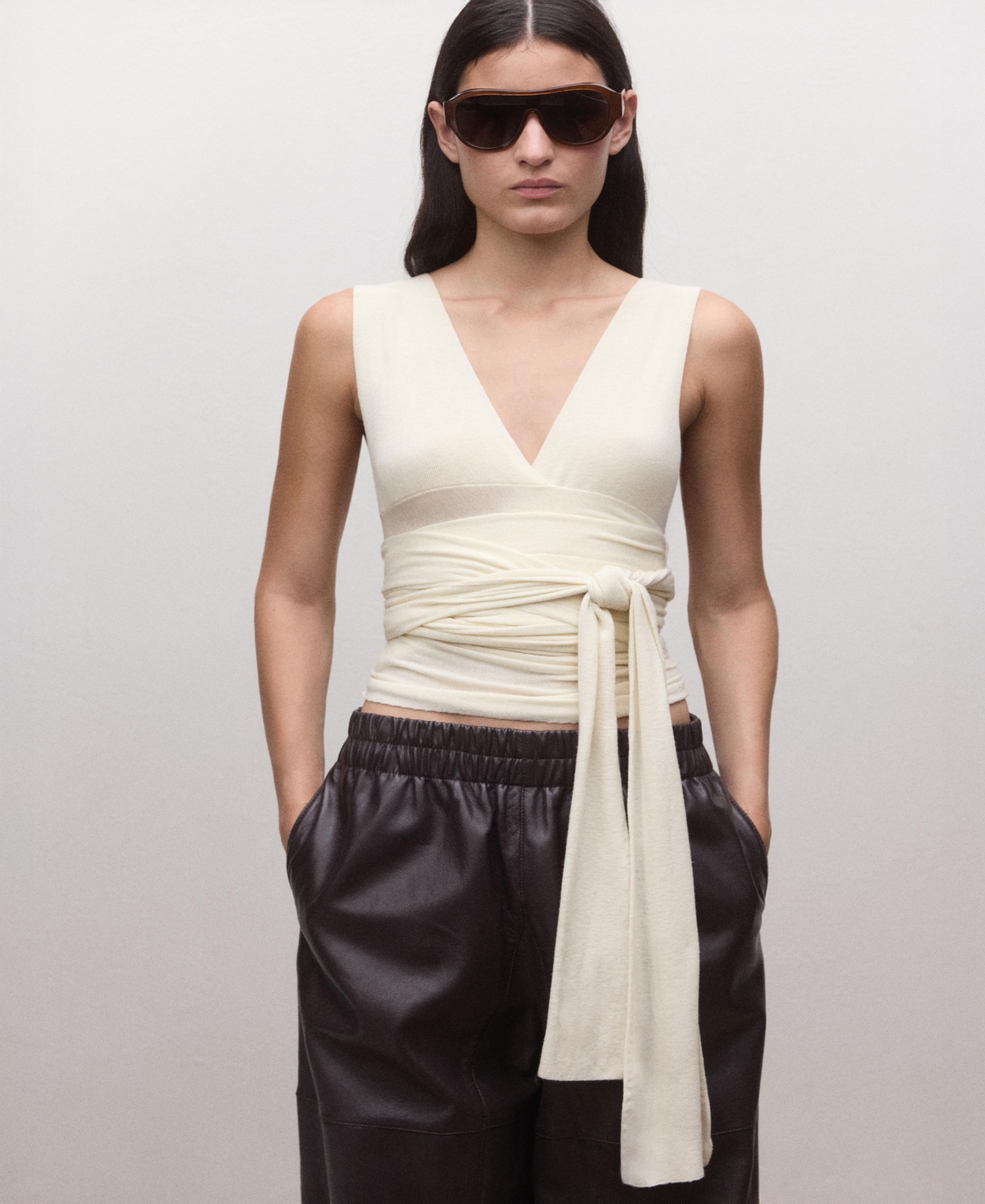 Click here for Mango Womens Wrap-Around Waist Wool Top - Ecru prices