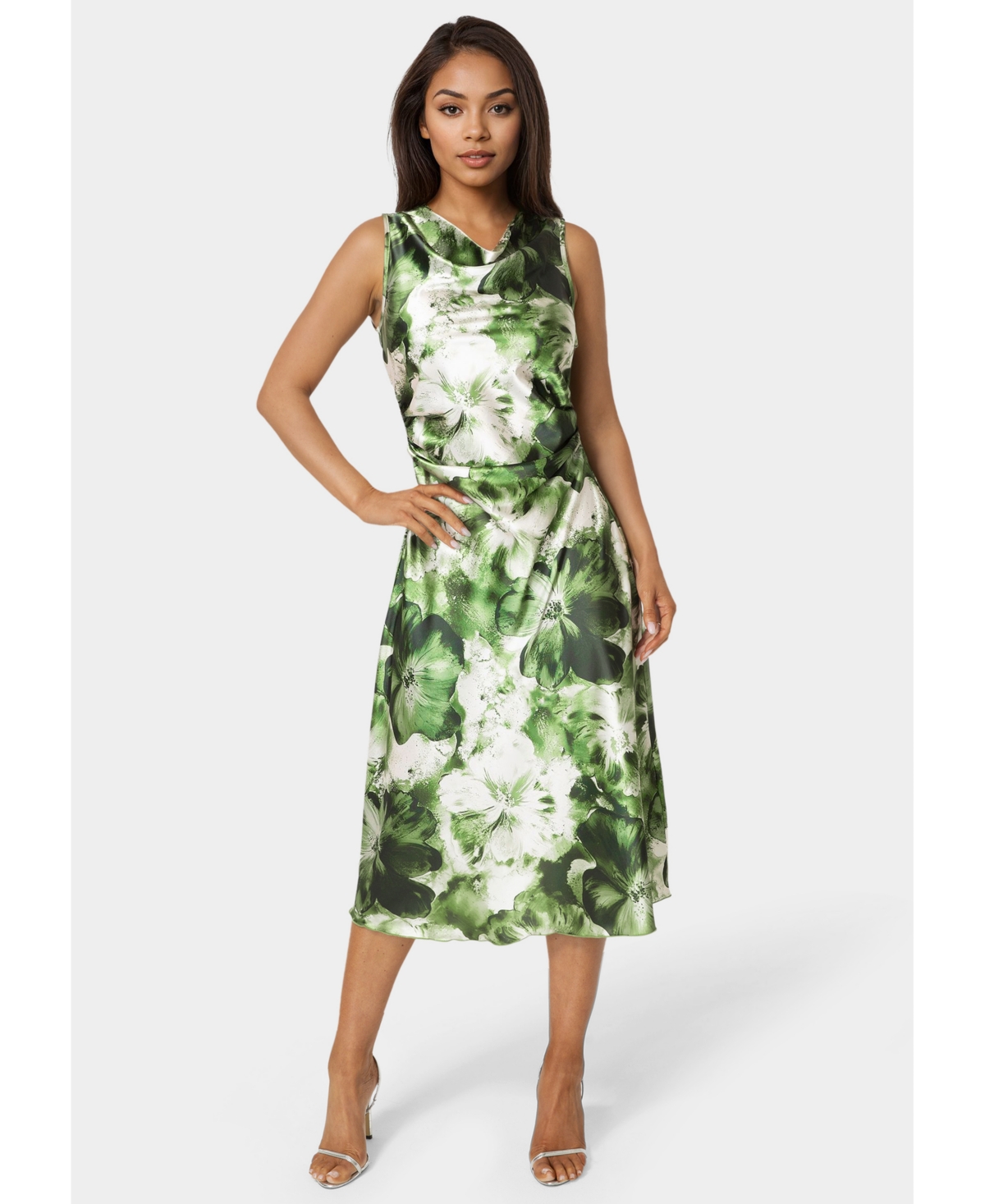 Click here for Bebe Womens Printed Satin Cowl Maxi Dress - Olive... prices