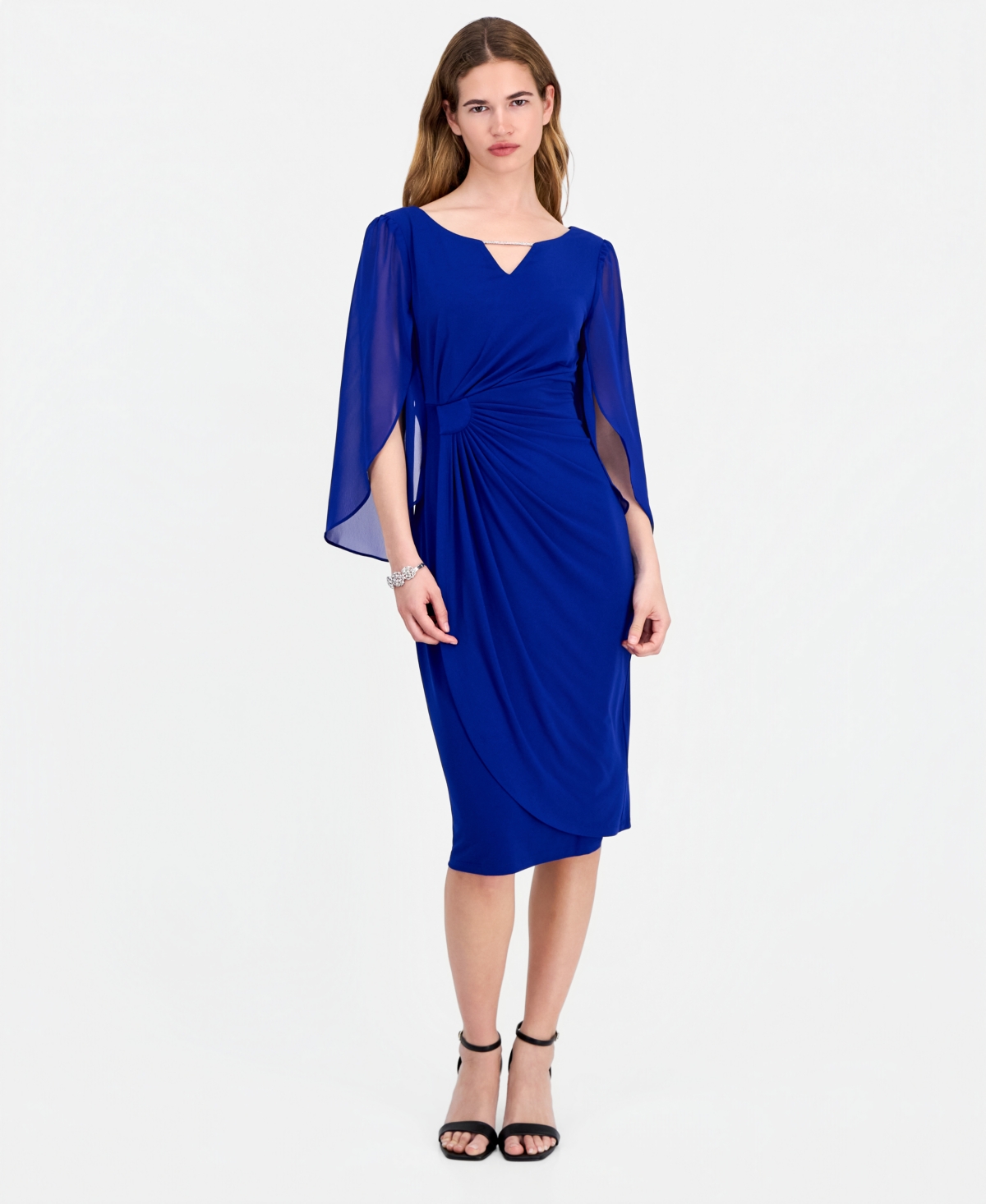 Click here for Connected Womens Cape-Sleeve Trimmed-Neck Sheath D... prices