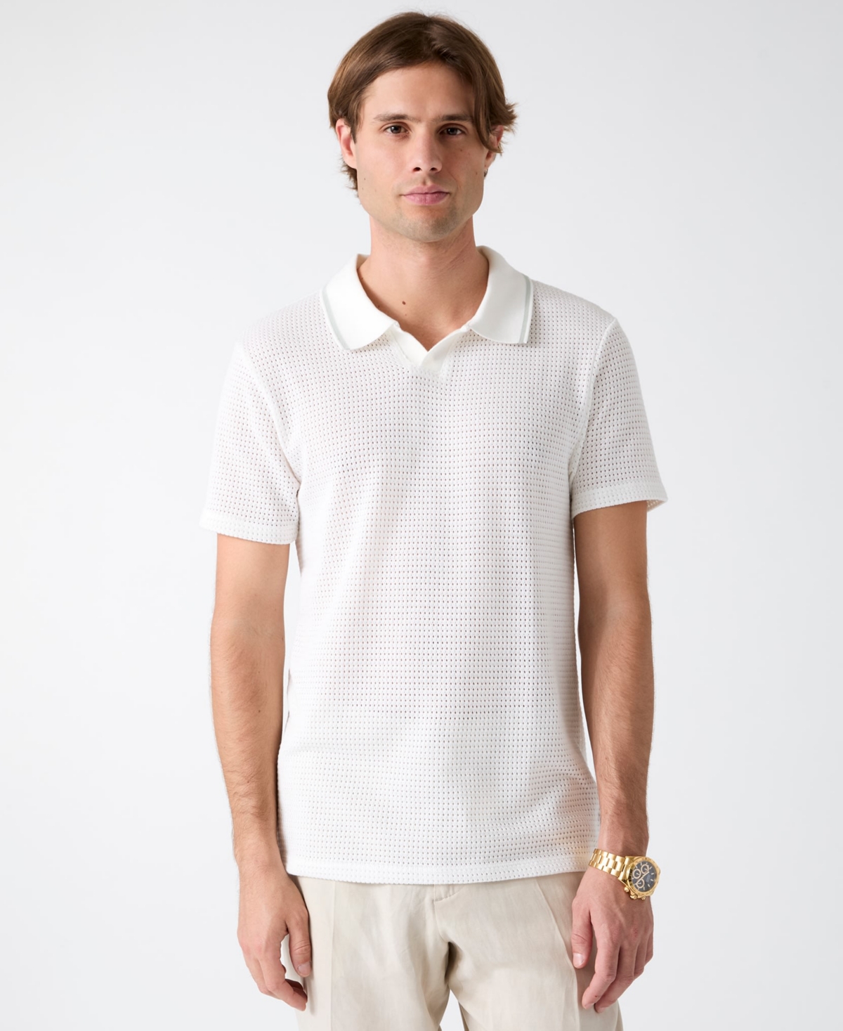 Click here for Guess Mens Daryl Crochet Knit Polo Shirt - Salt Wh... prices
