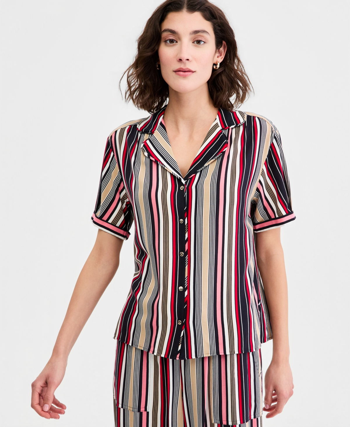 Click here for Nautica Womens Striped Puff-Sleeve Camp Shirt - Ni... prices