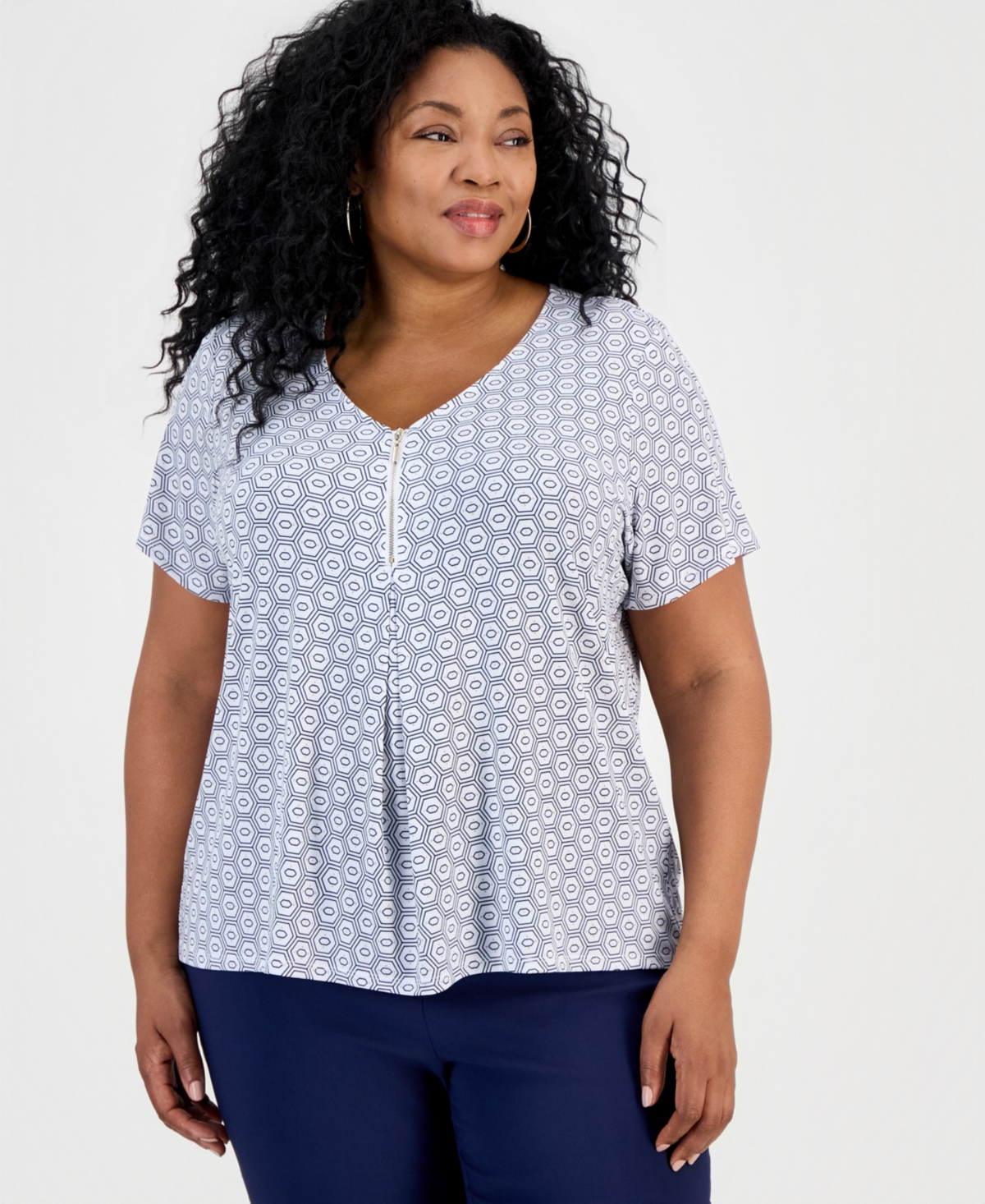 Click here for Jm Collection Plus Size Simple Tiles V-Neck Zipper... prices