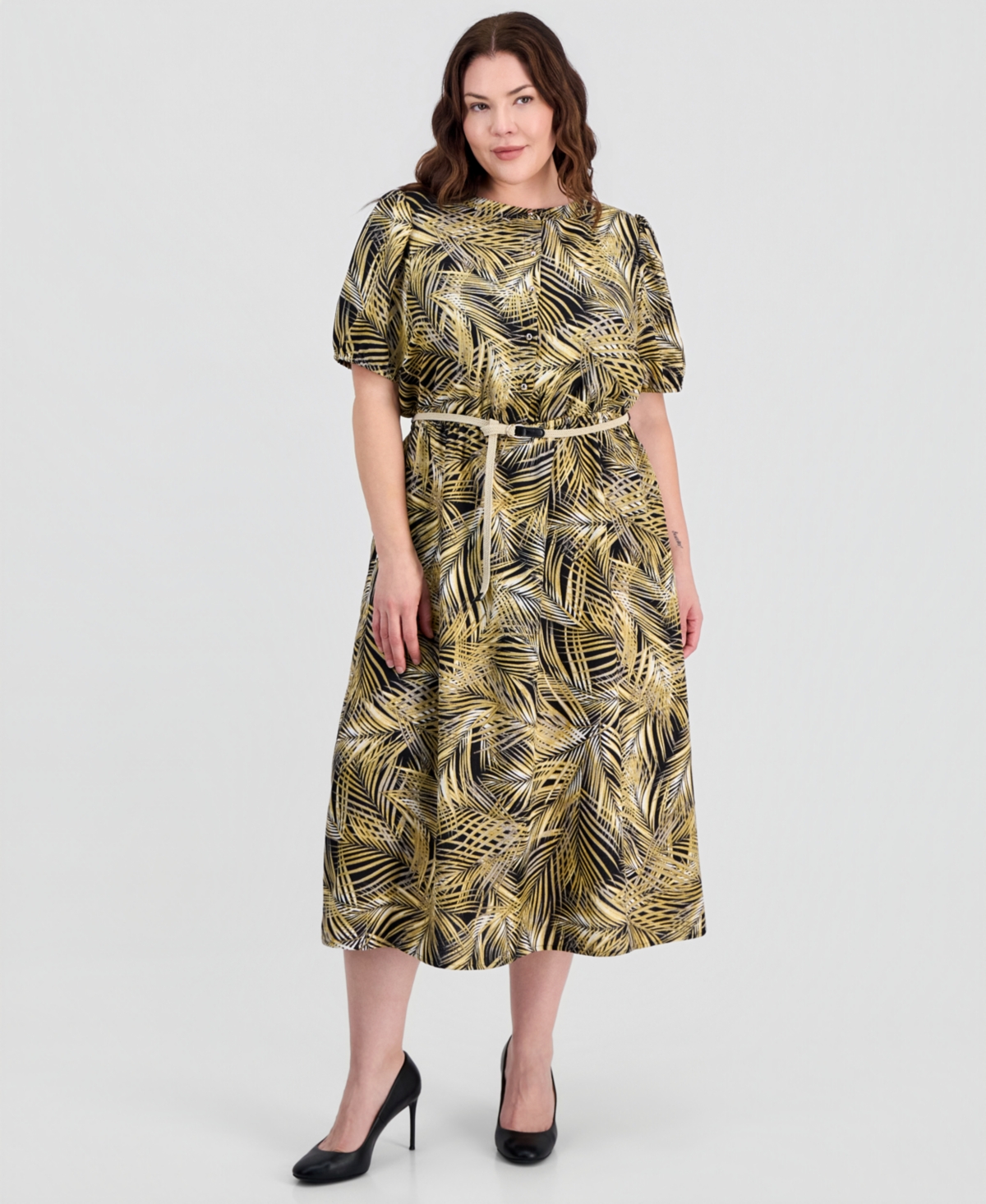 Click here for Kasper Plus Size Puffed-Sleeve Shirt-dress - Black... prices