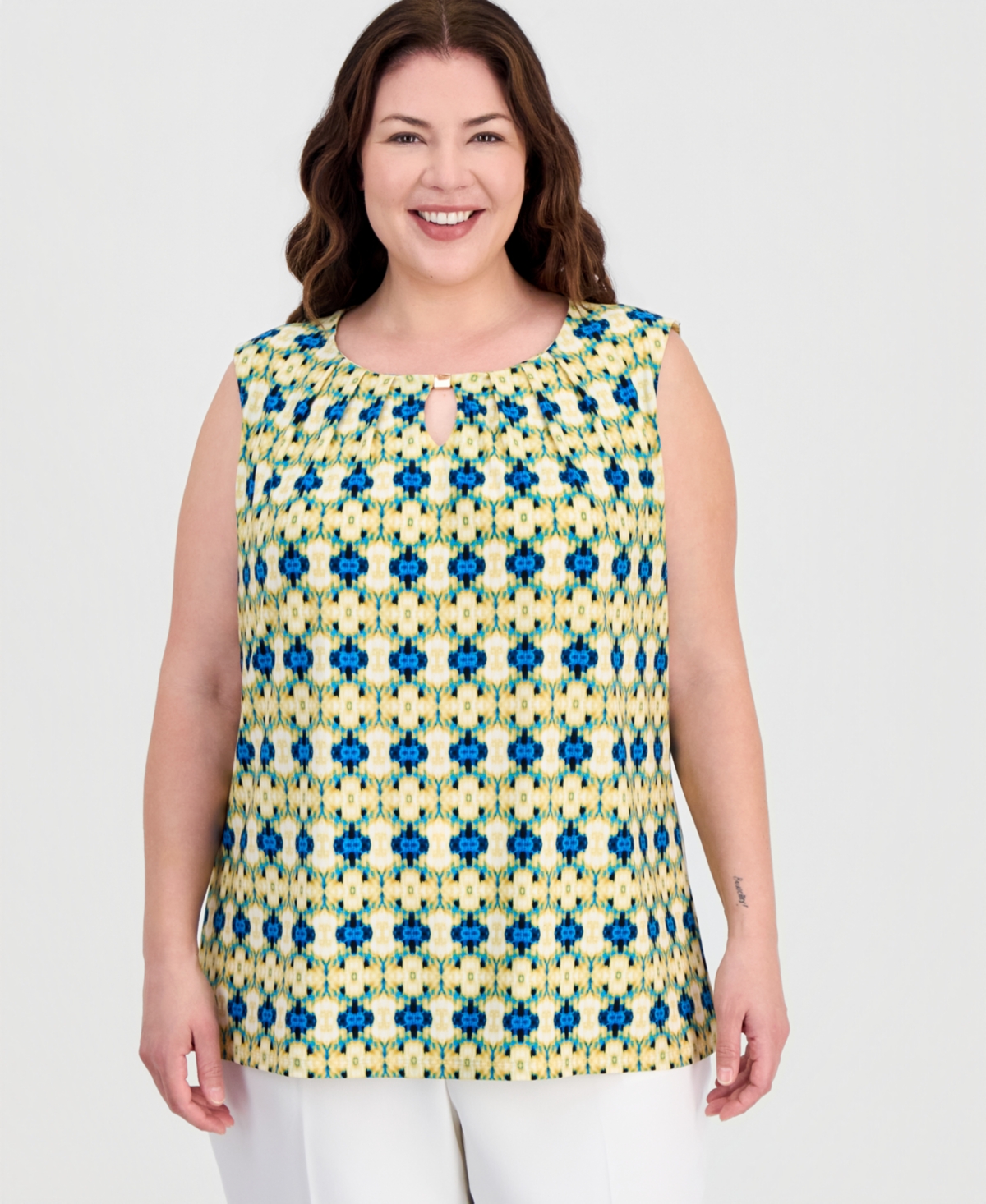 Click here for Kasper Plus Size Printed Pleat-Neck Sleeveless Top... prices