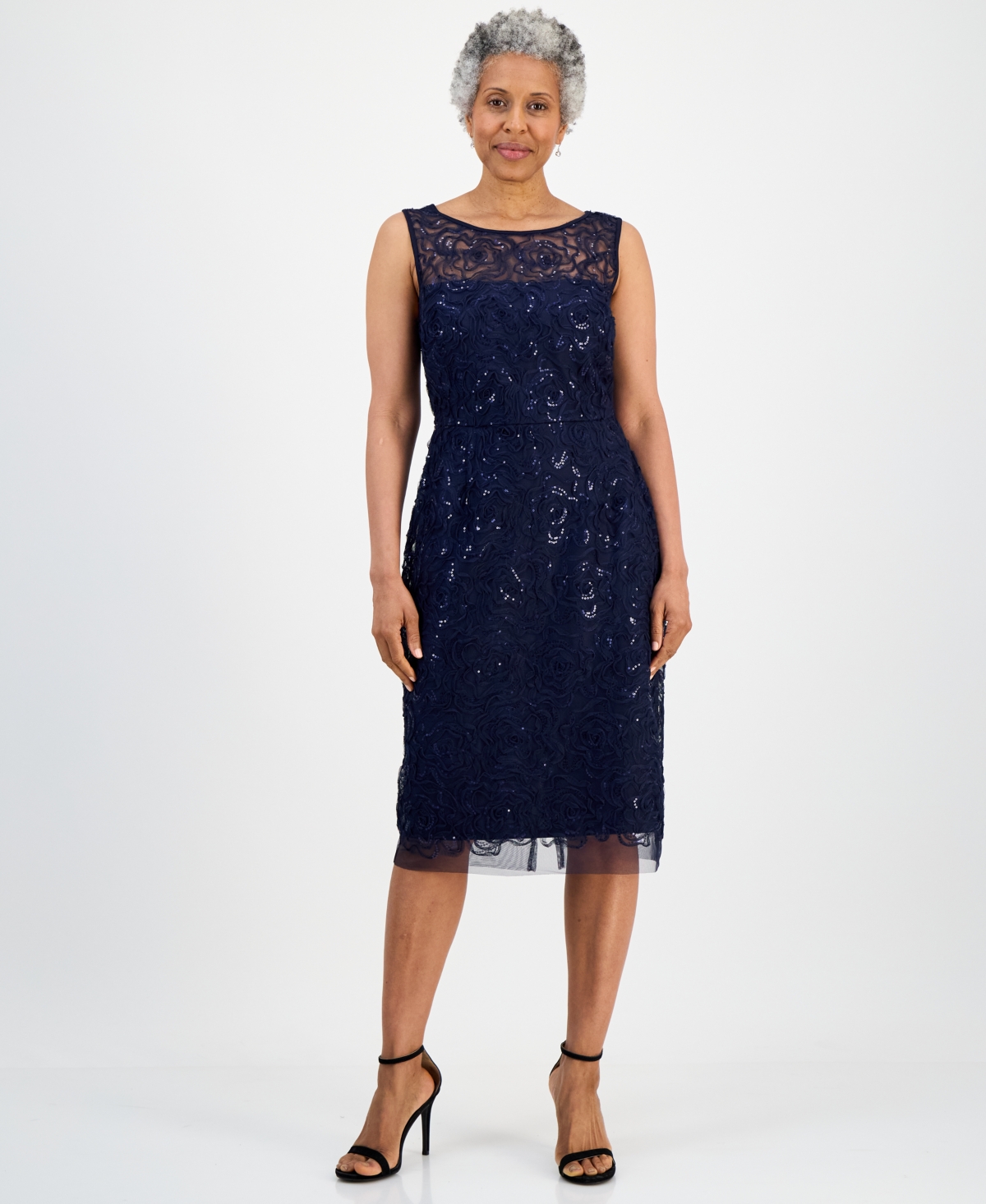 Click here for Connected Petite Sequin Rosette Mesh Sleeveless Sh... prices