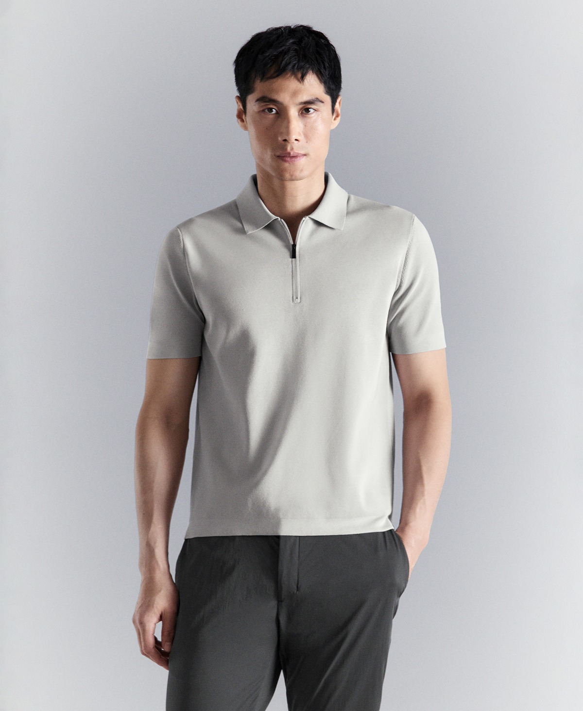 Click here for Mango Mens Comfort Stretch Zip Polo Shirt - Ice Gr... prices