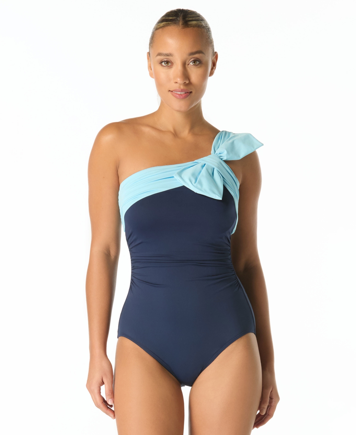 Click here for Carmen Marc Valvo Womens One-Shoulder Bow One-Piec... prices