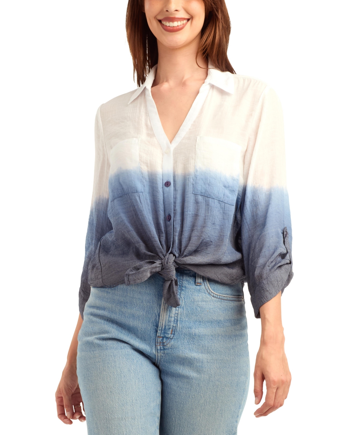 Click here for Bcx Womens Textured Button-Front Top - Navy prices