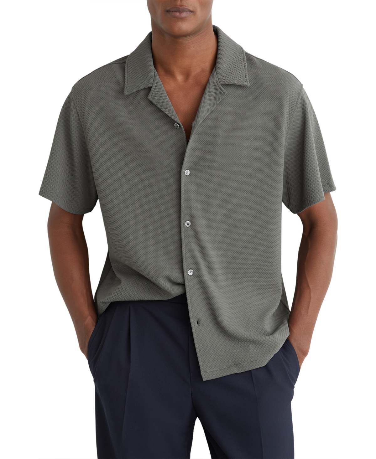 Click here for Reiss Mens Textured Cuban-Collar Shirt - Sage Gree... prices