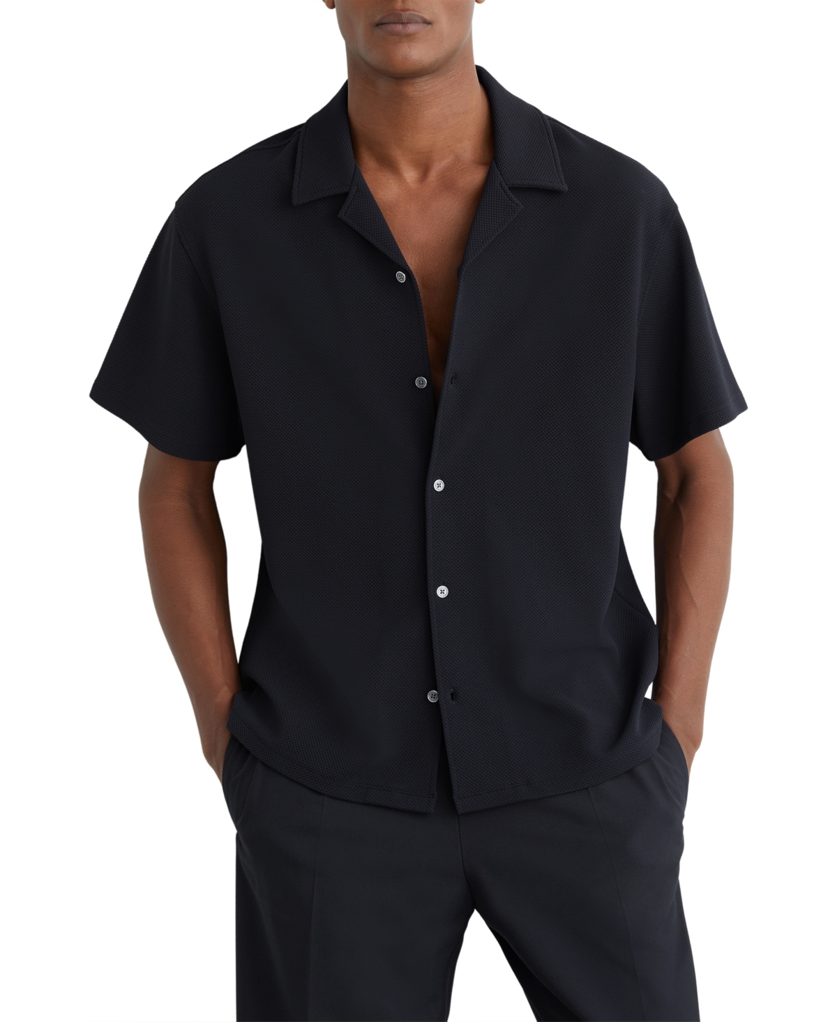 Click here for Reiss Mens Textured Cuban-Collar Shirt - Navy prices