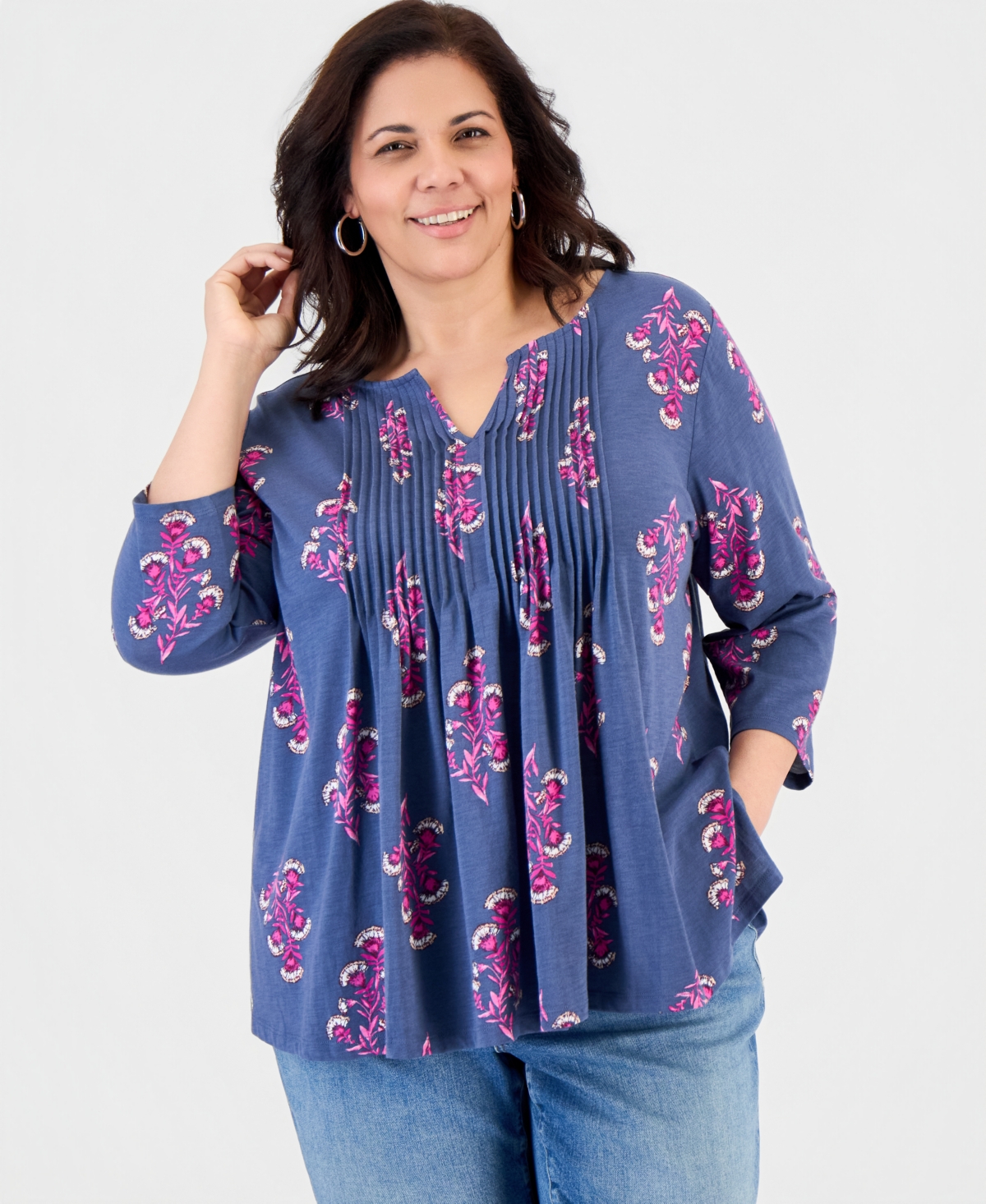 Click here for Style & Co Plus Size Pintucked Split-Neck 3/4-Slee... prices