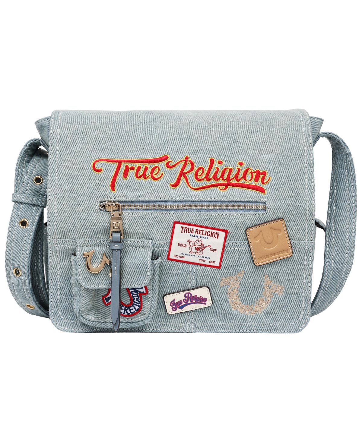 Click here for True Religion Multi Patch Denim Messenger Bag - Bl... prices