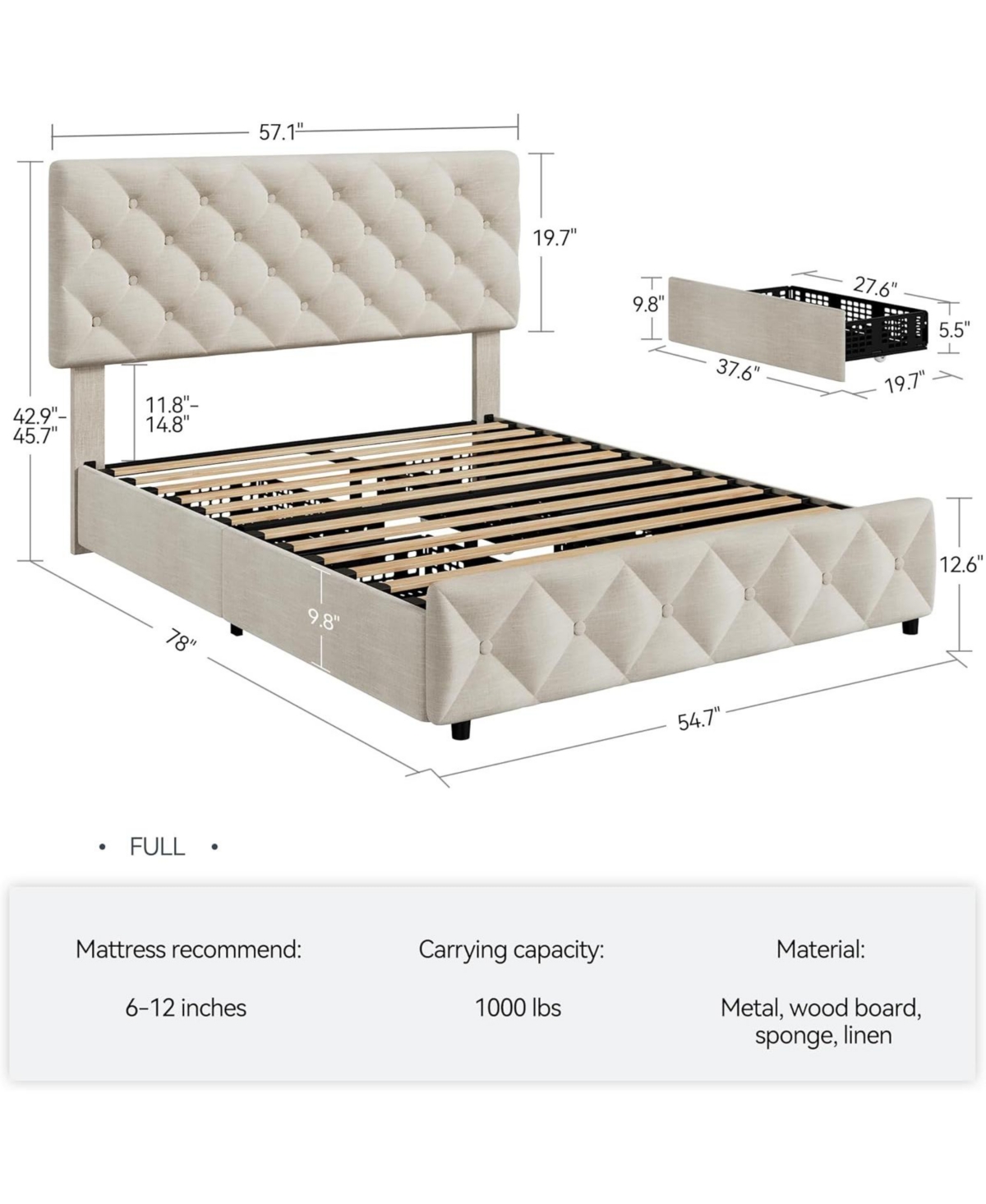 Click here for gaomon Full Bed Frame with 4 Drawers Linen Upholst... prices