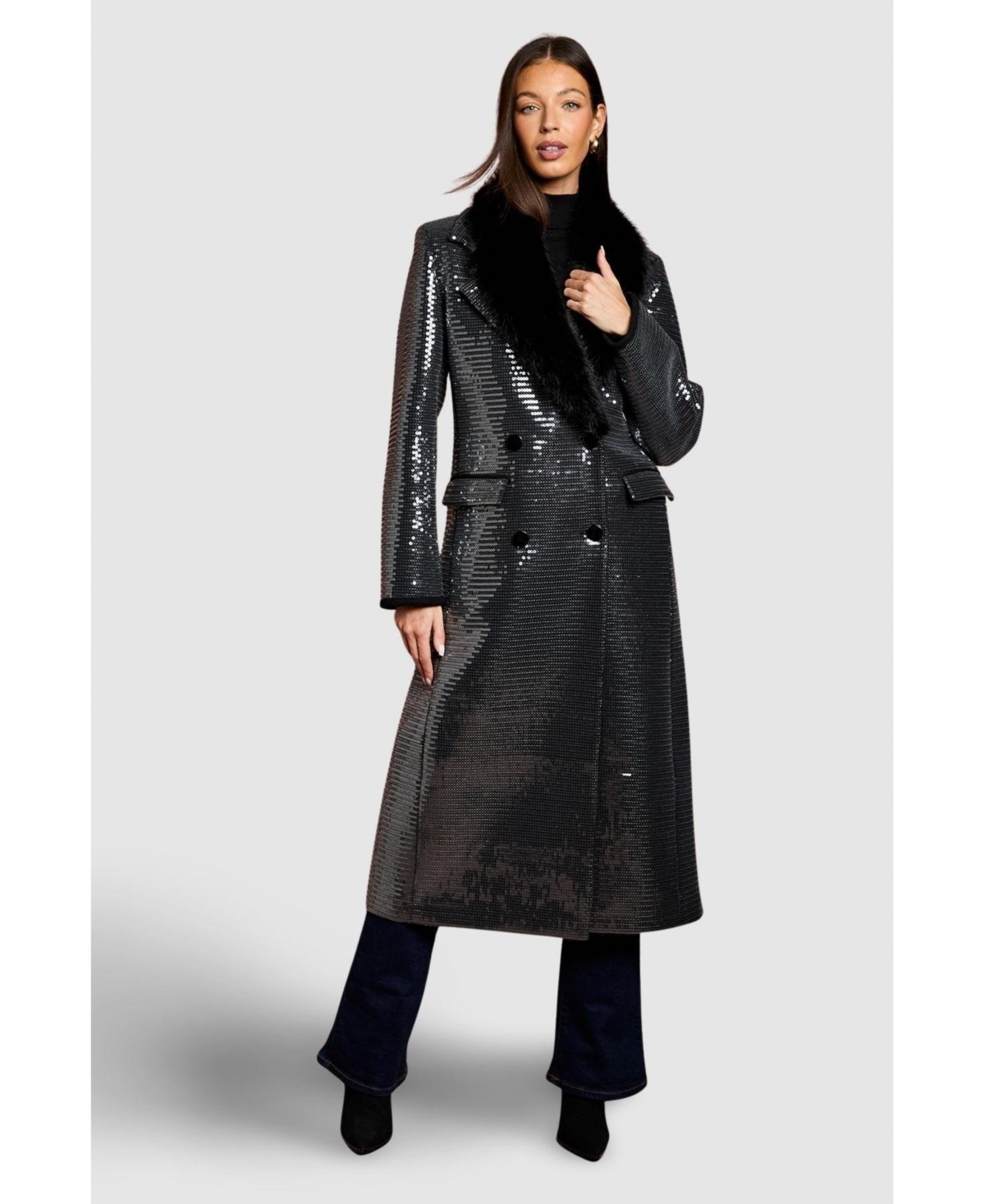 Click here for Coast Womens Faux Fur Collar Sequin Longline Coat... prices