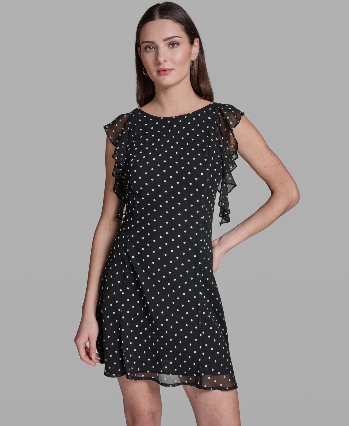 Click here for Bcbg Womens Flutter-Sleeve Polka Dot Dress - Black... prices