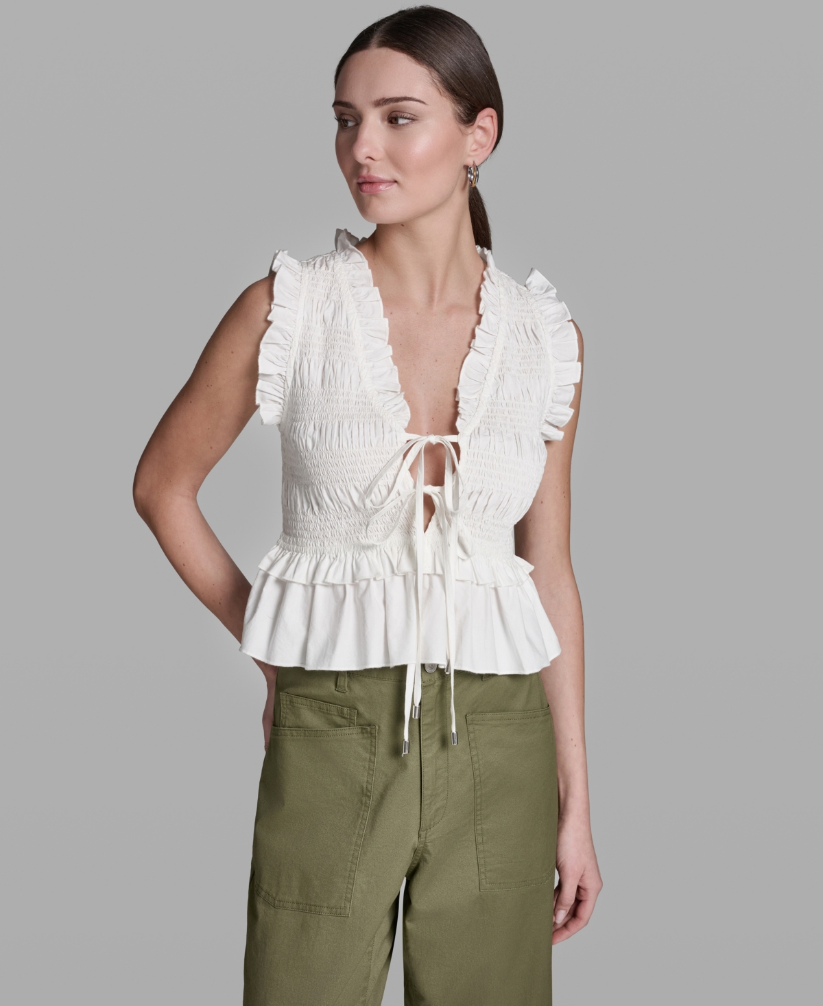 Click here for Bcbg Womens Sleeveless Smocked V-Neck Top - Whispe... prices