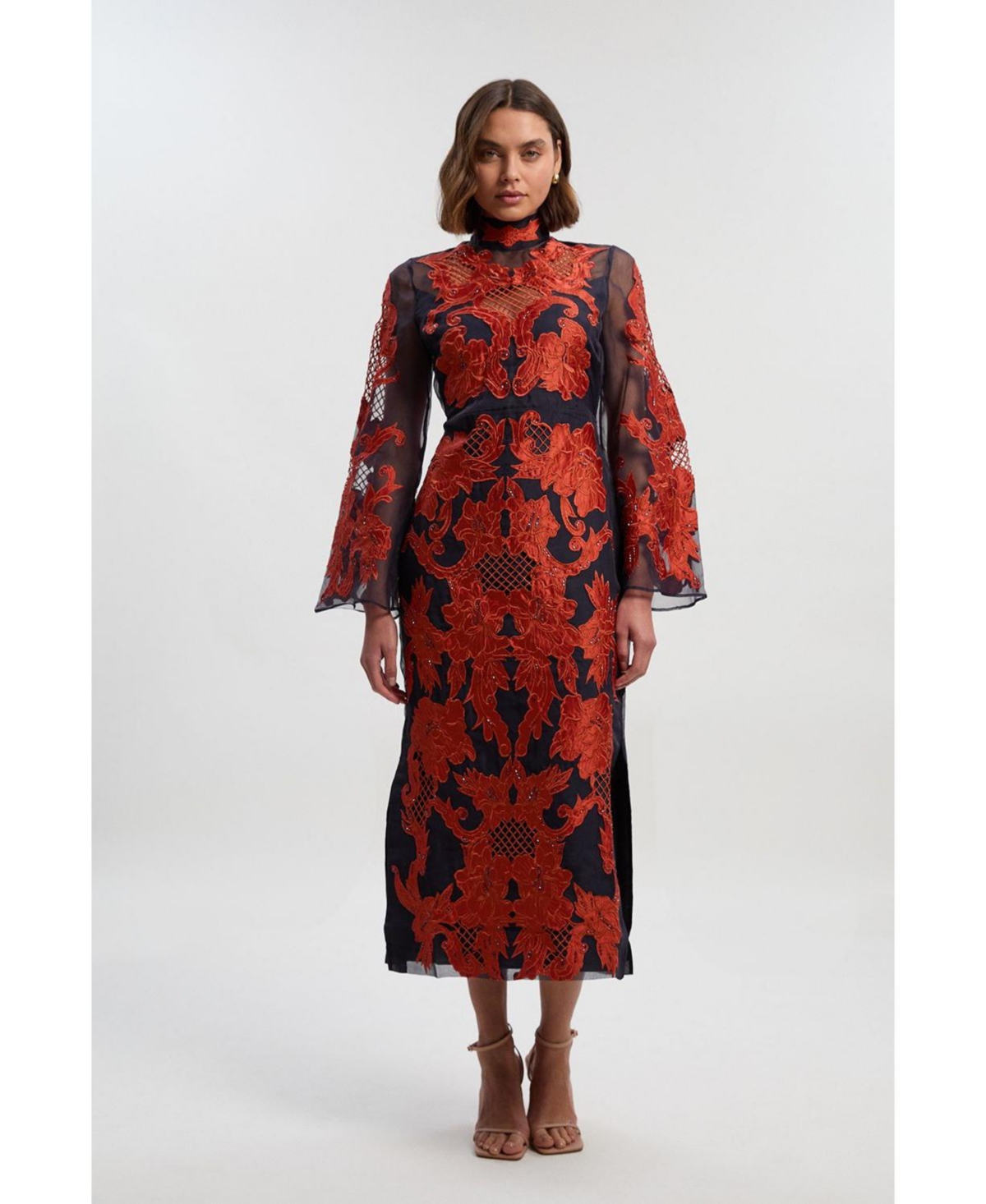 Click here for Karen Millen Womens High Neck Embroidered Midi Dre... prices