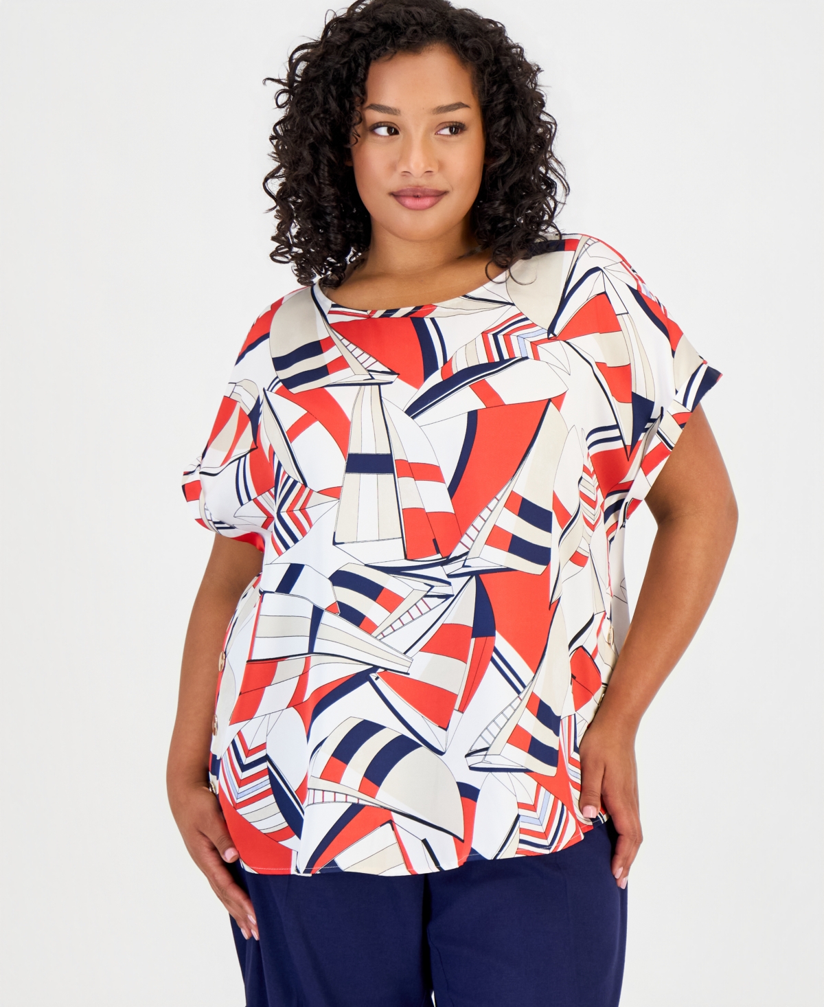 Click here for Jones New York Plus Size Satin Boat-Neck Top - Rou... prices