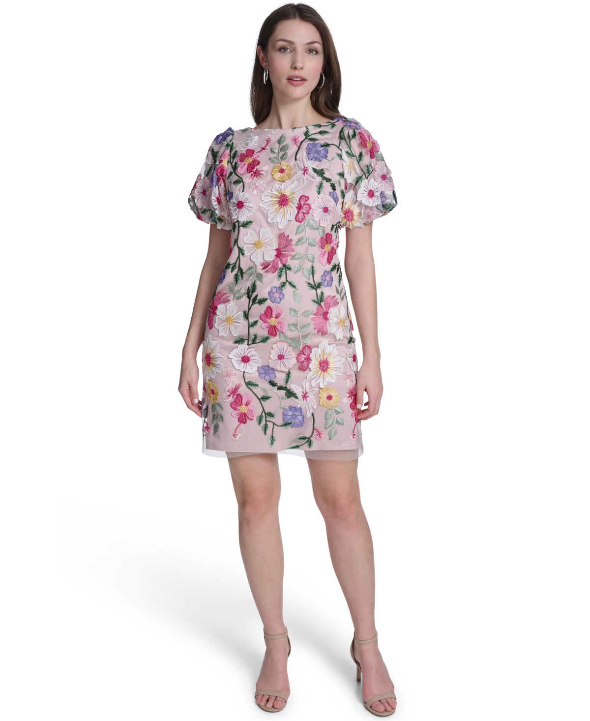 Click here for Eliza J Petite Boat Neck Floral Embroidered Mesh D... prices