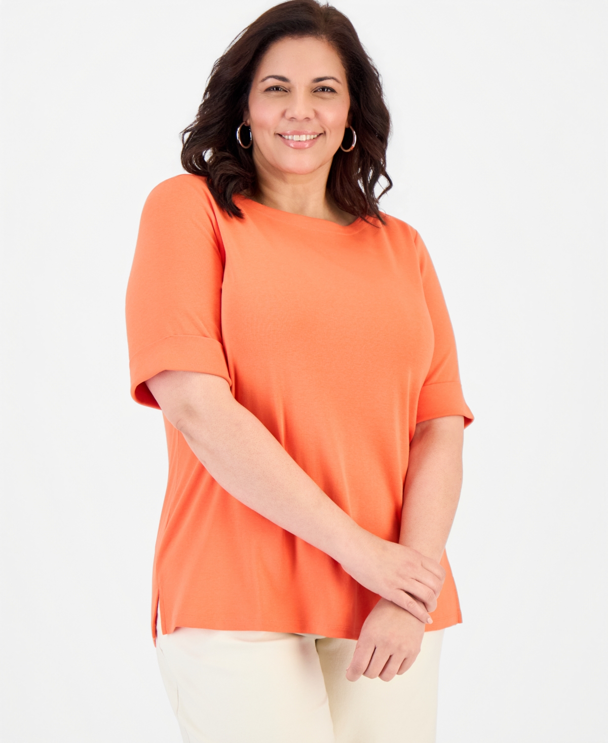 Click here for Style & Co Womens Boat-Neck Elbow Sleeve Cotton To... prices