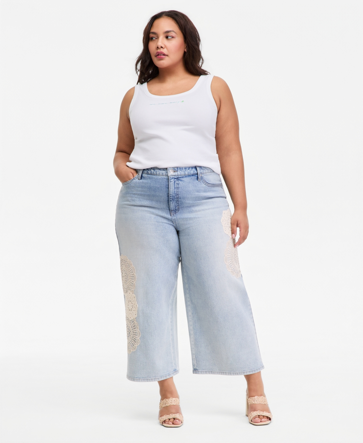 Click here for Decor Trendy Plus Size Wide-Leg Doily-Accent Jeans... prices