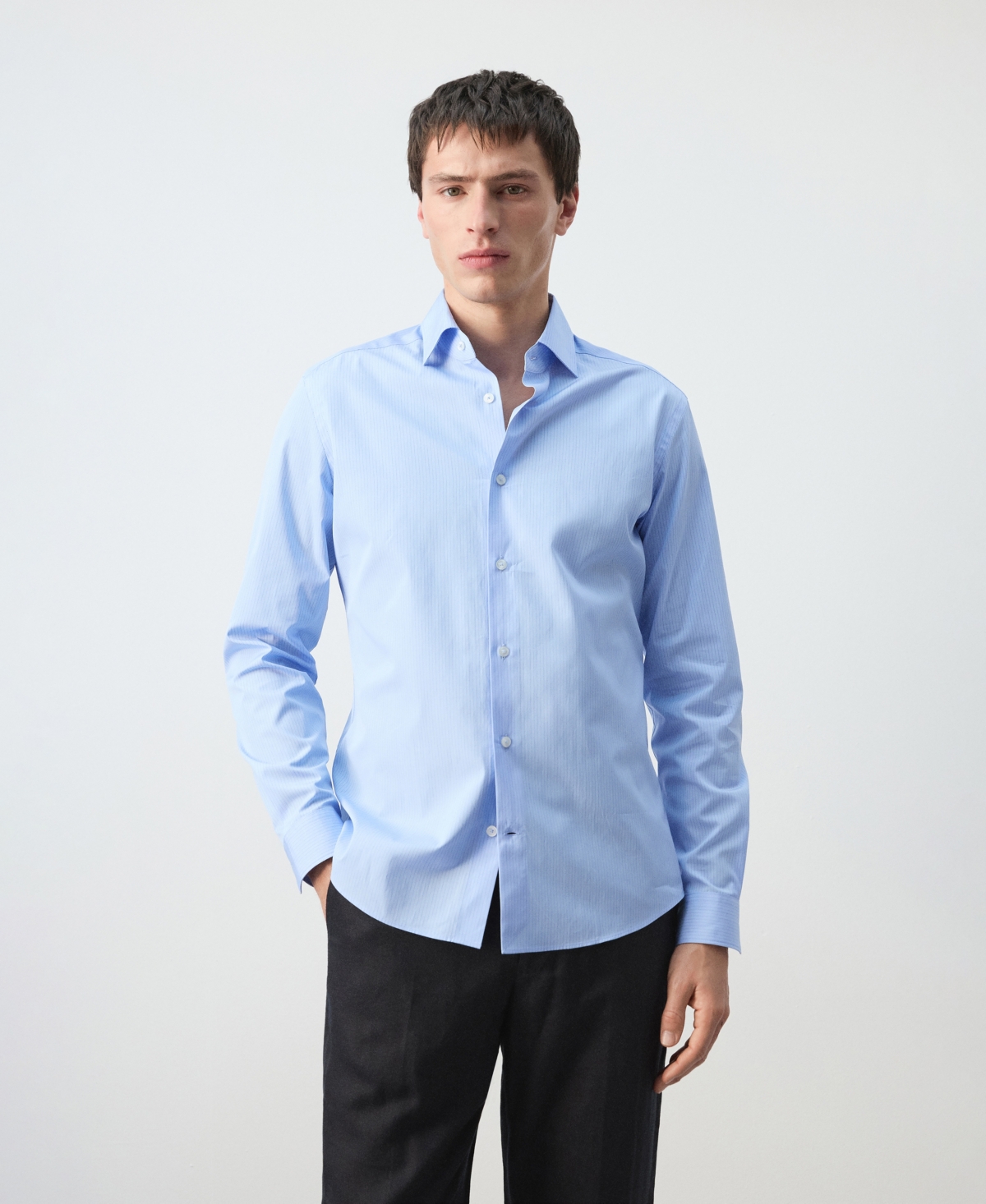 Click here for Mango Mens Cotton Striped Slim-Fit Shirt - Sky Blu... prices