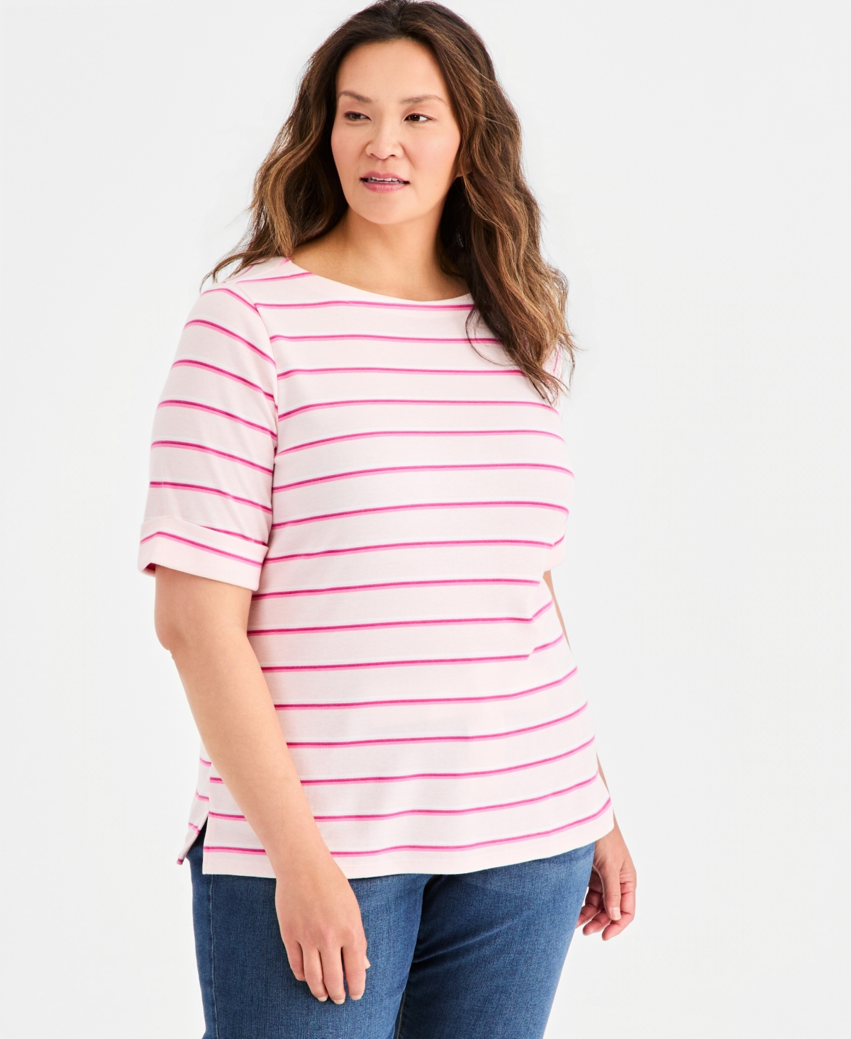 Click here for Style & Co Plus Printed Boat-Neck Elbow-Sleeve Top... prices