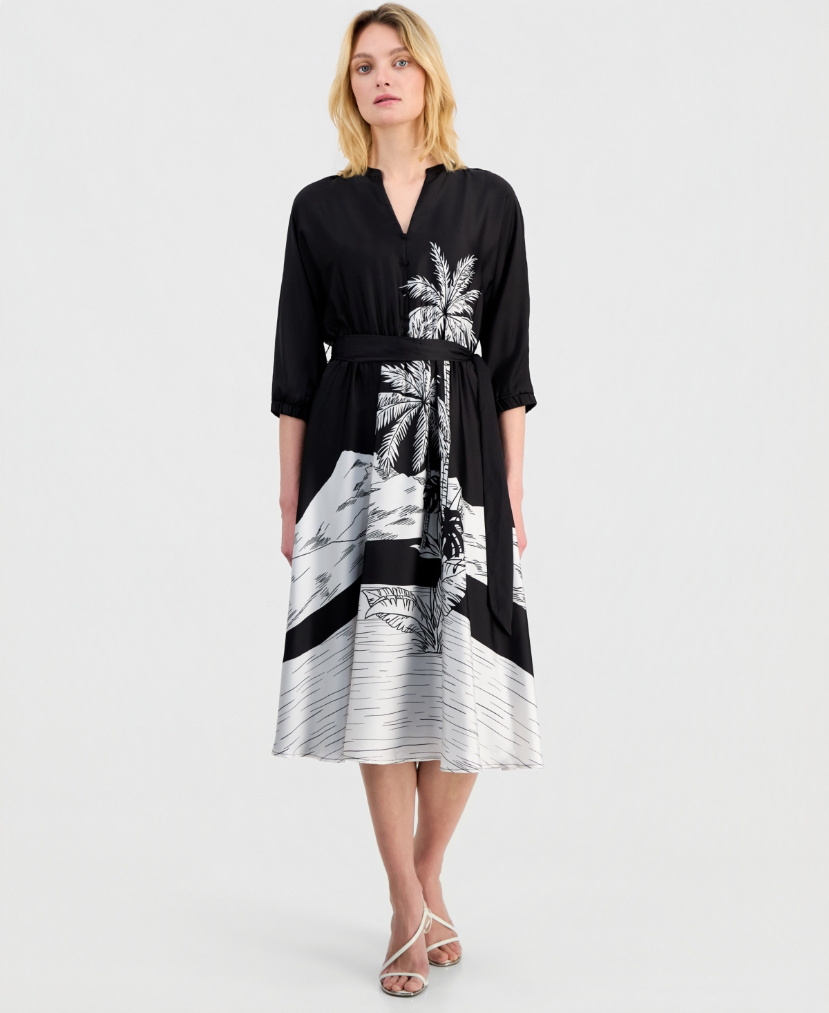 Click here for T Tahari Womens Elbow-Sleeve Split-Neck Midi Dress... prices