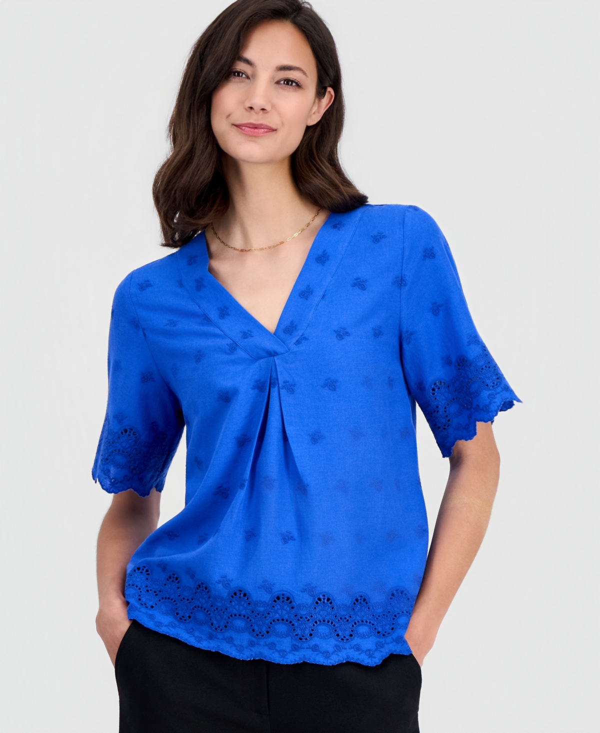 Click here for T Tahari Womens Embroidered Eyelet-Hem Top - Blue... prices