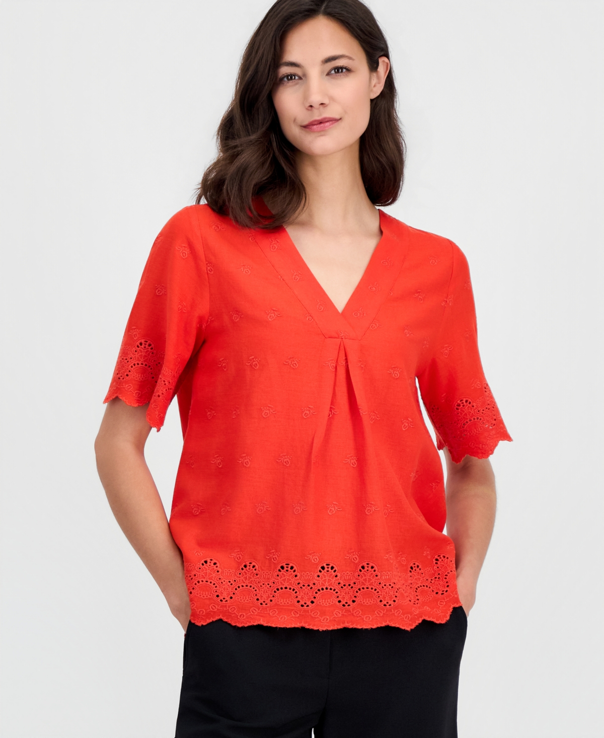 Click here for T Tahari Womens Embroidered Eyelet-Hem Top - Brigh... prices