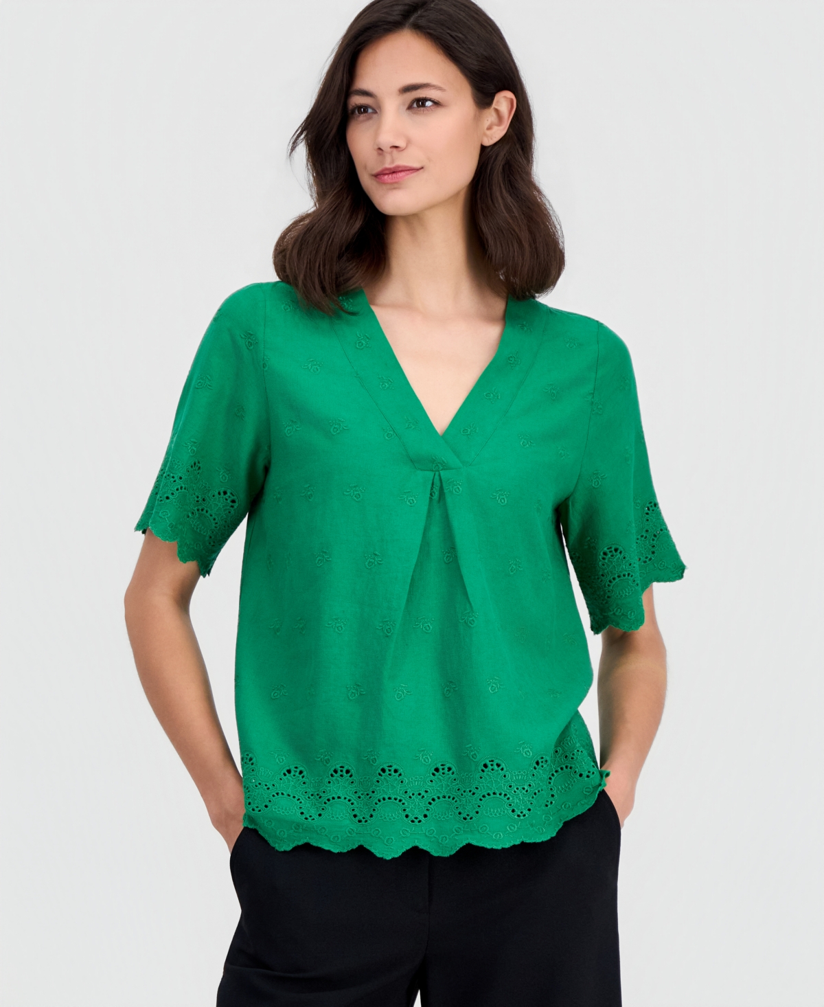 Click here for T Tahari Womens Embroidered Eyelet-Hem Top - Jungl... prices