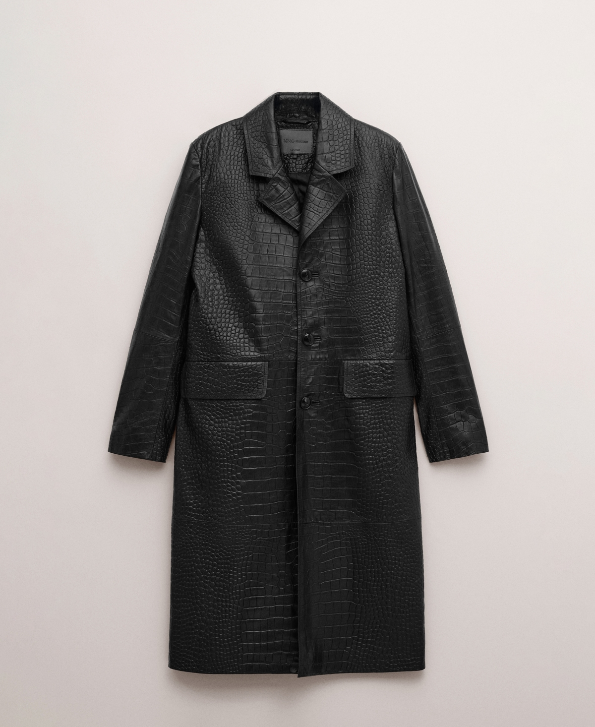 Click here for Mango Womens Leather Crocodile-Effect Coat - Black prices