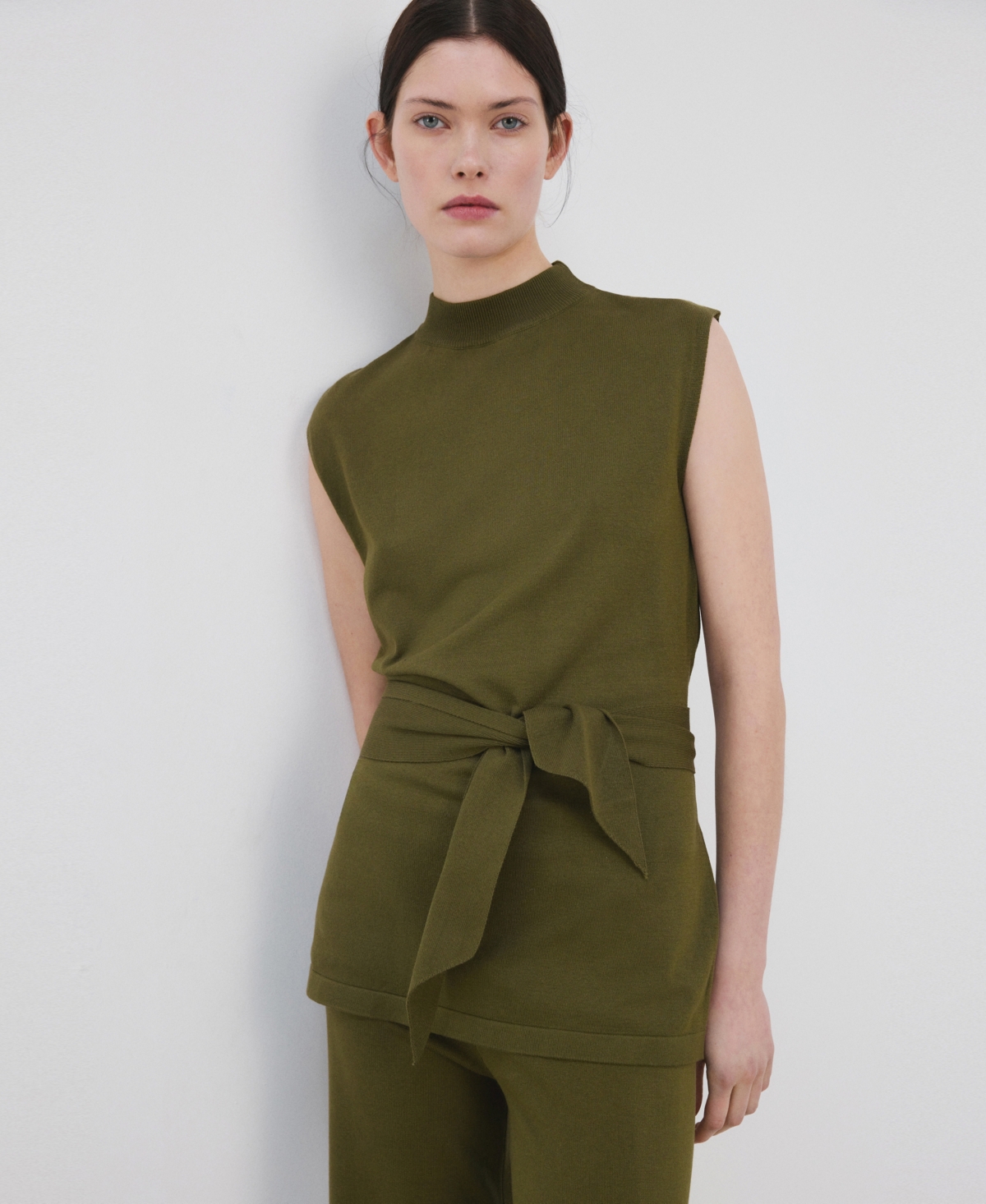 Click here for Mango Womens Belt Knit Waistcoat - Khaki prices