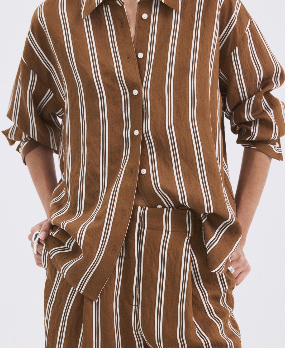 Click here for Mango Womens Striped Straight Shirt - Brown prices