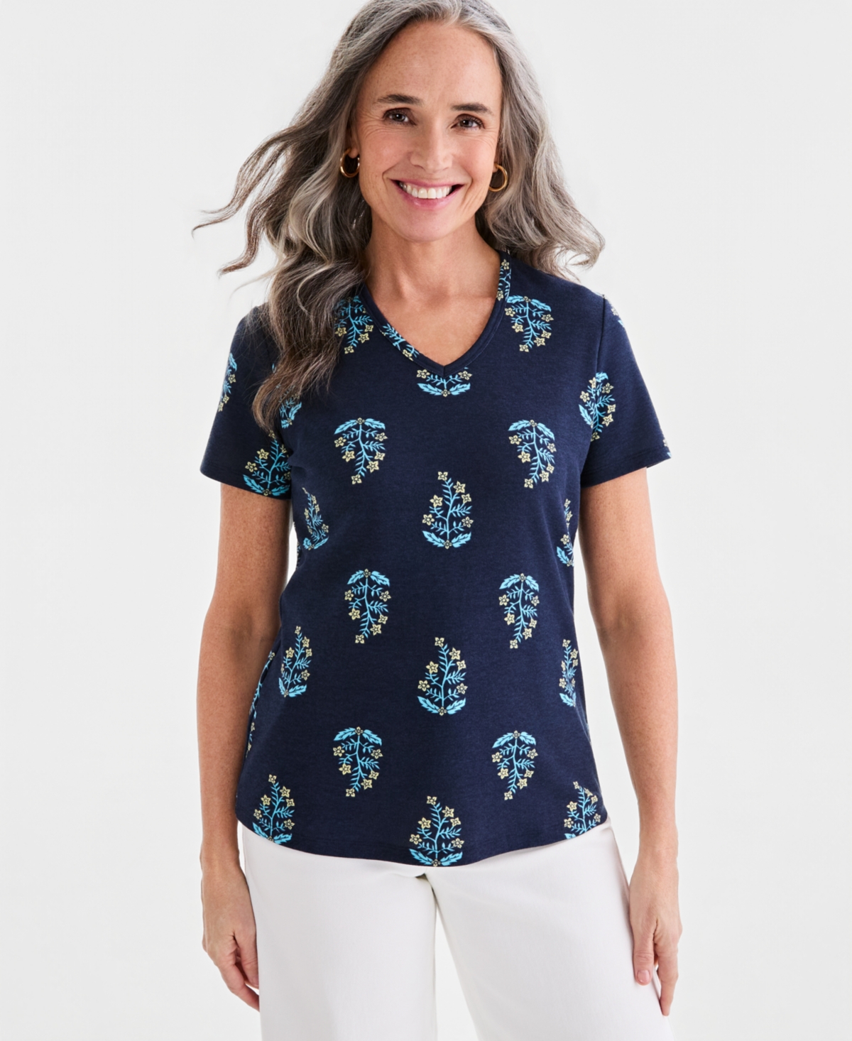 Click here for Style & Co Petite V-Neck Floret Patch Top  Macys E... prices