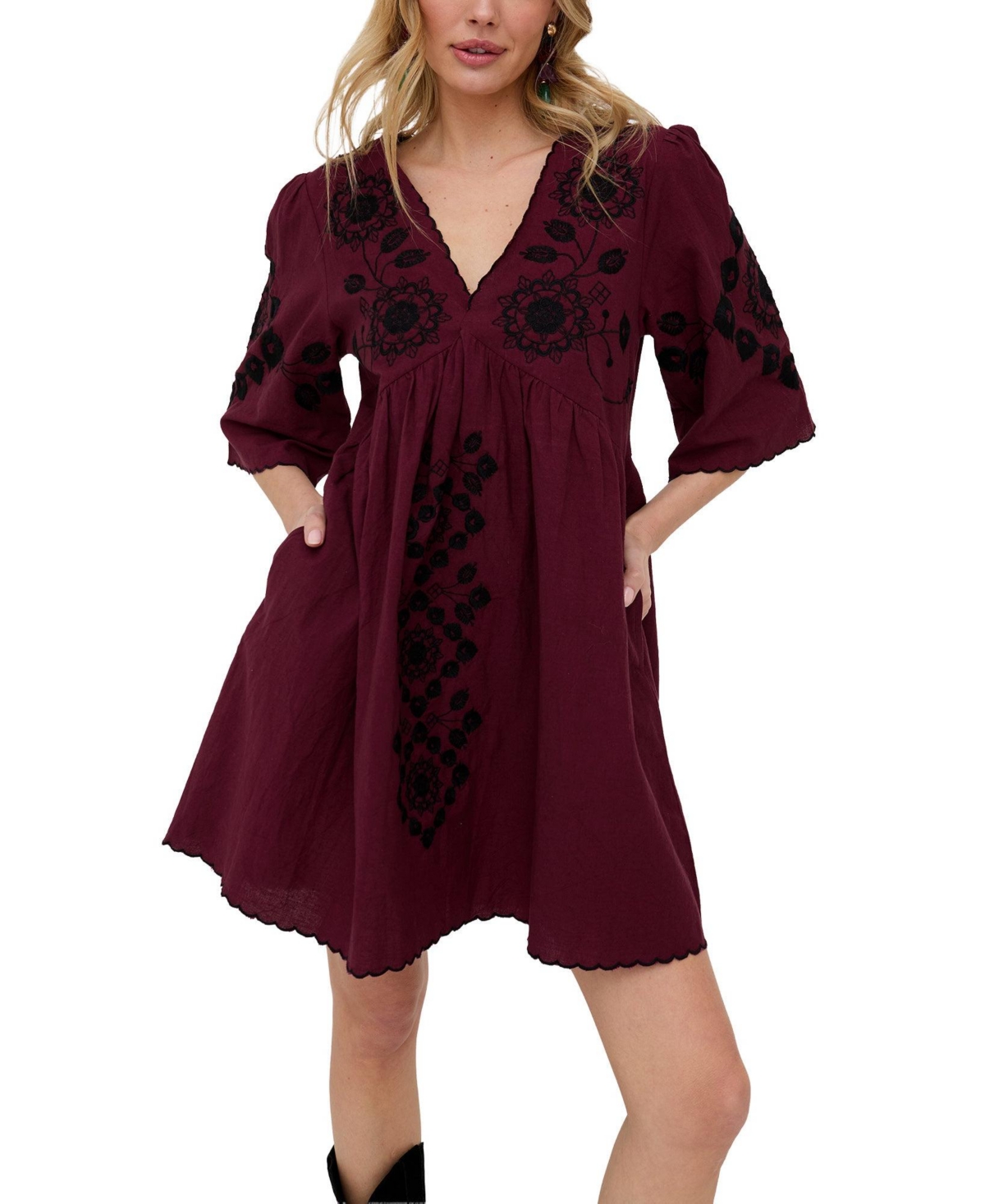 Click here for Raffya Womens Arabella V- Neck Embroidered Mini Dr... prices