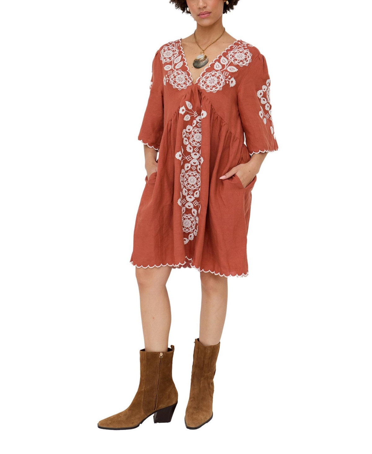 Click here for Raffya Womens Arabella V- Neck Embroidered Mini Dr... prices