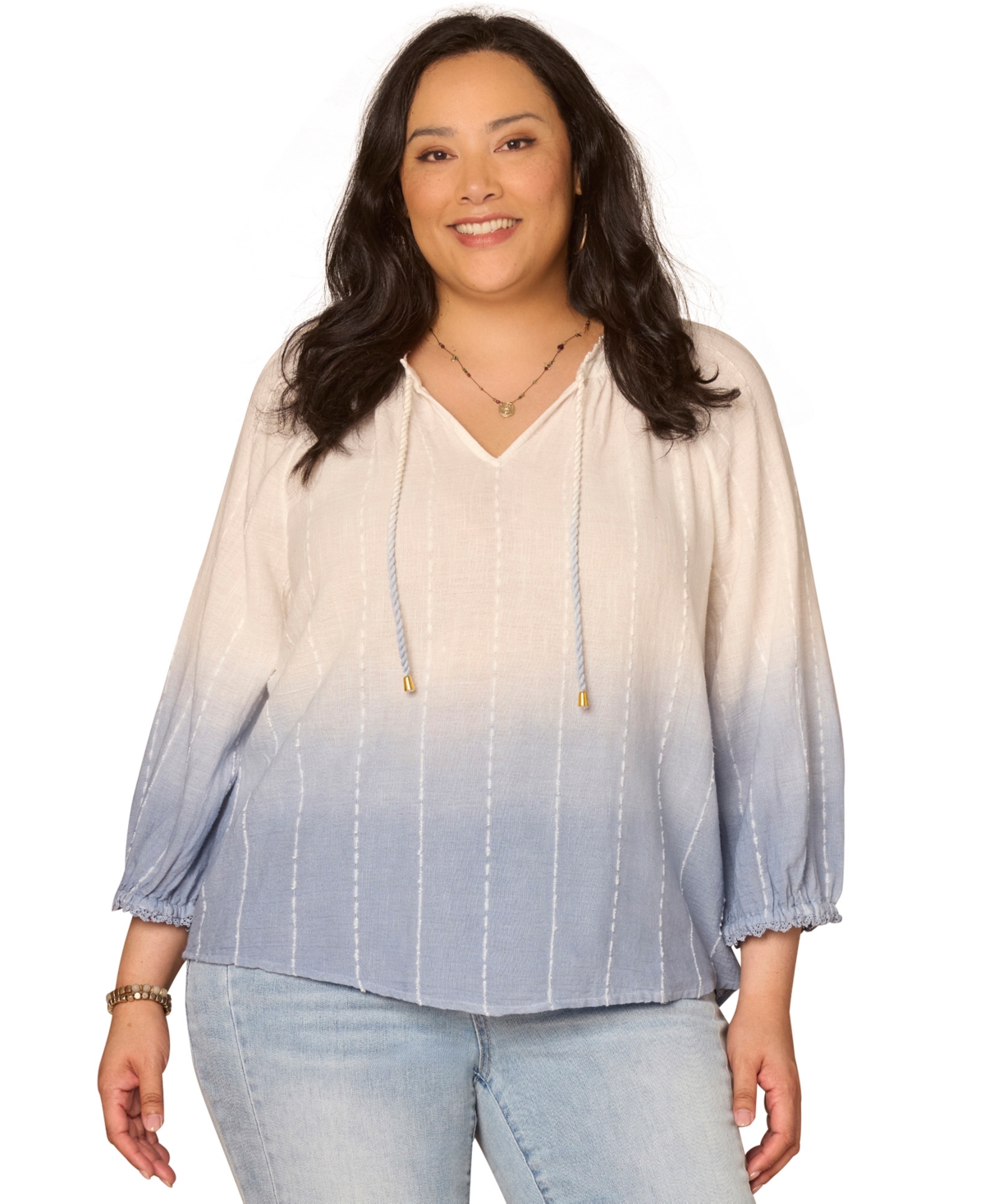 Democracy Plus Size 3/4-Length-Blouson-Sleeve Woven Top - White/Blue