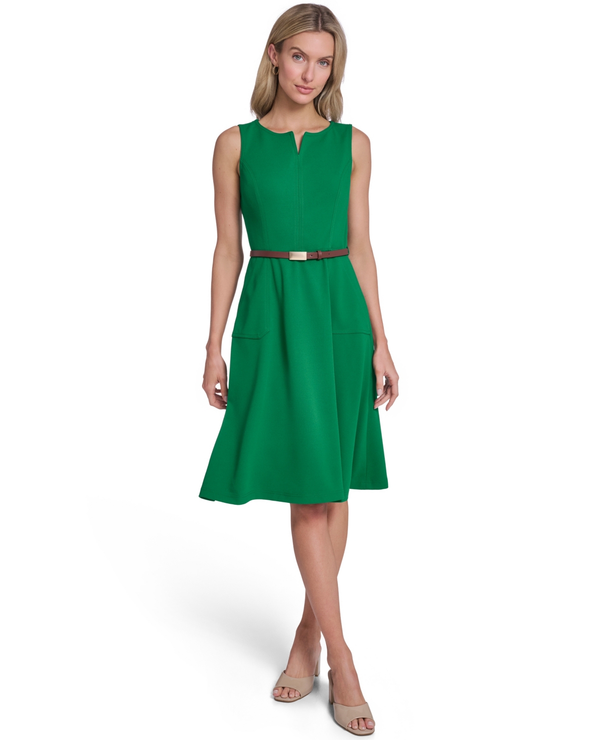 Click here for Calvin Klein Petite V-Neck Sleeveless Belted Dress... prices
