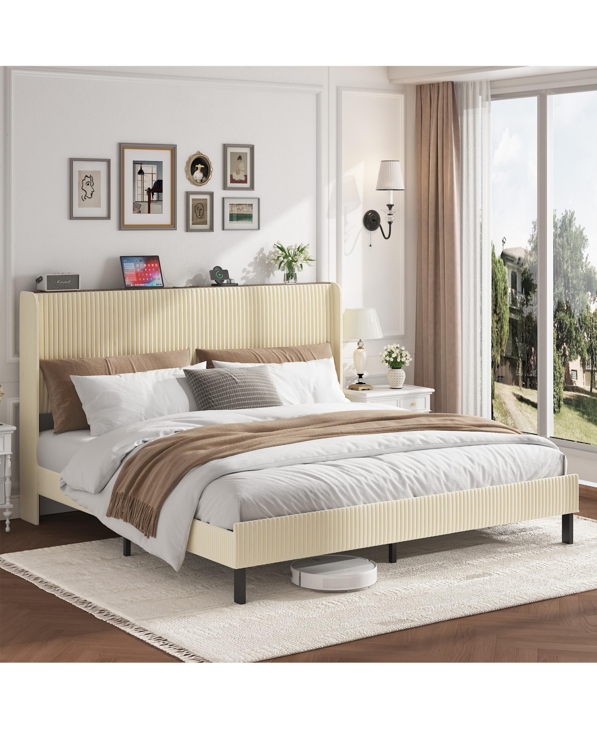 Click here for flynama Metal Platform Bed Beige Charging Station... prices
