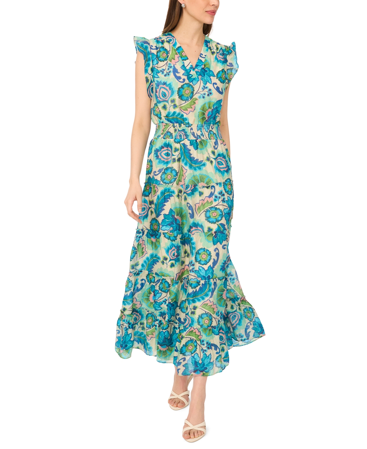 Click here for Msk Petite Smock Waist Tiered Midi Dress - Tan Mul... prices