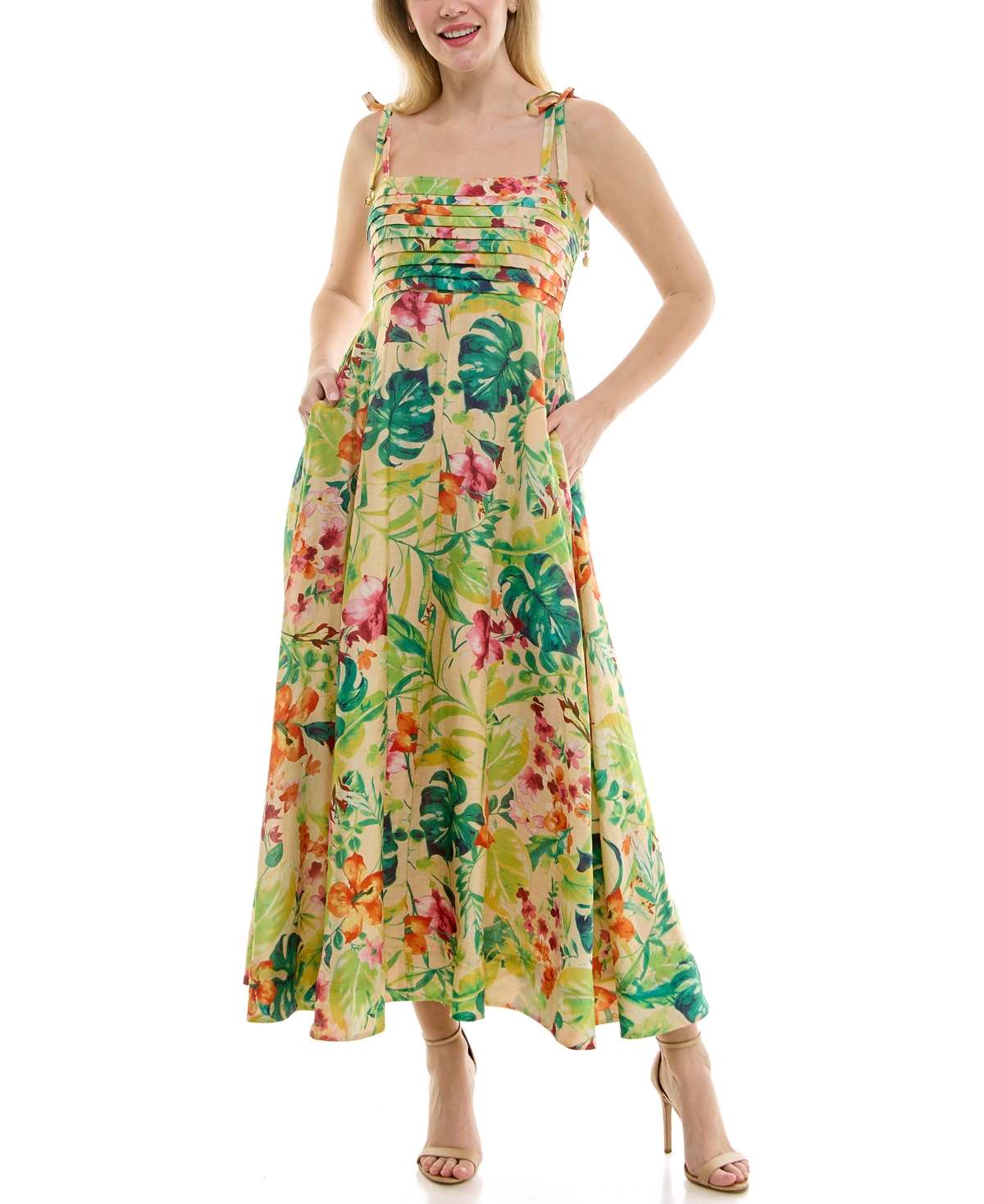 Click here for Taylor Womens Tropical Pleated Square Neck A-Line... prices