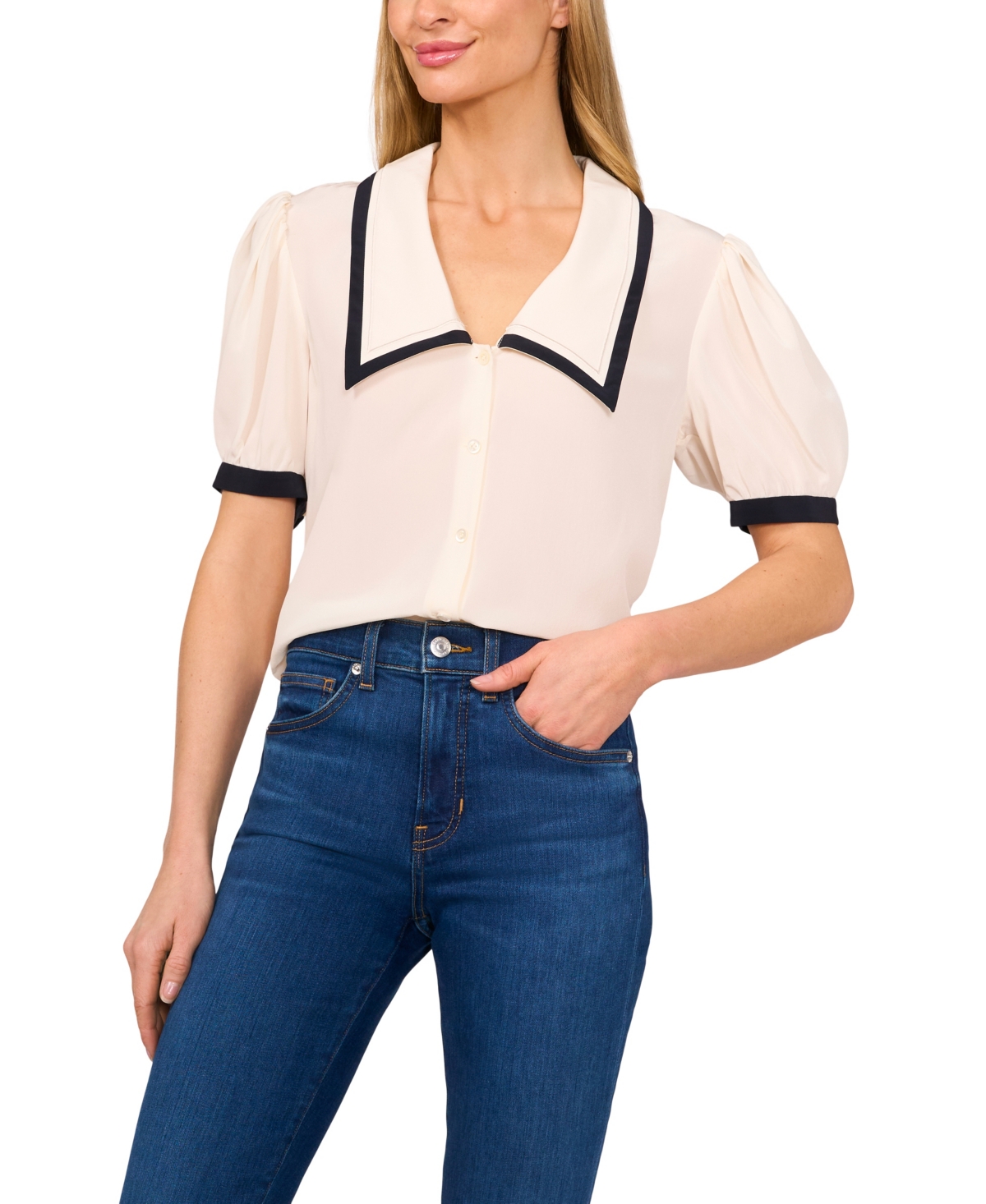 Click here for CeCe Womens Collared Puff-Sleeve Blouse - Eggnog prices