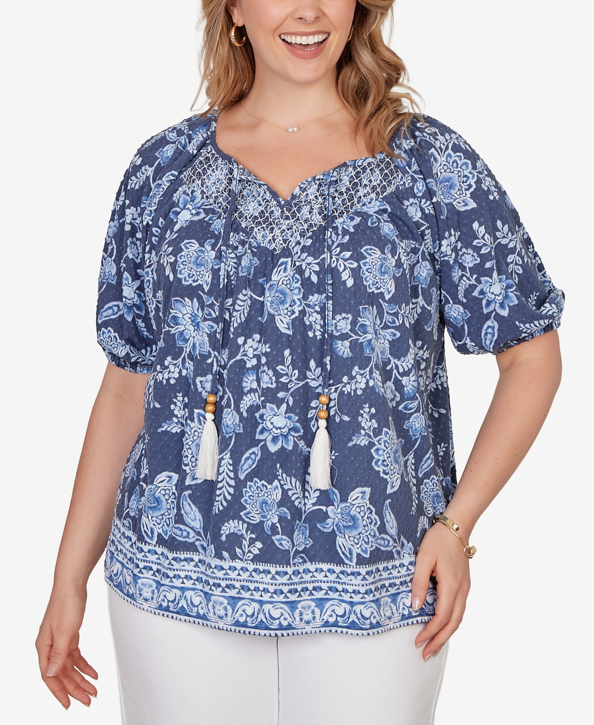 Click here for Ruby Rd. Plus Size Smocked Floral Clip Dot Top - B... prices
