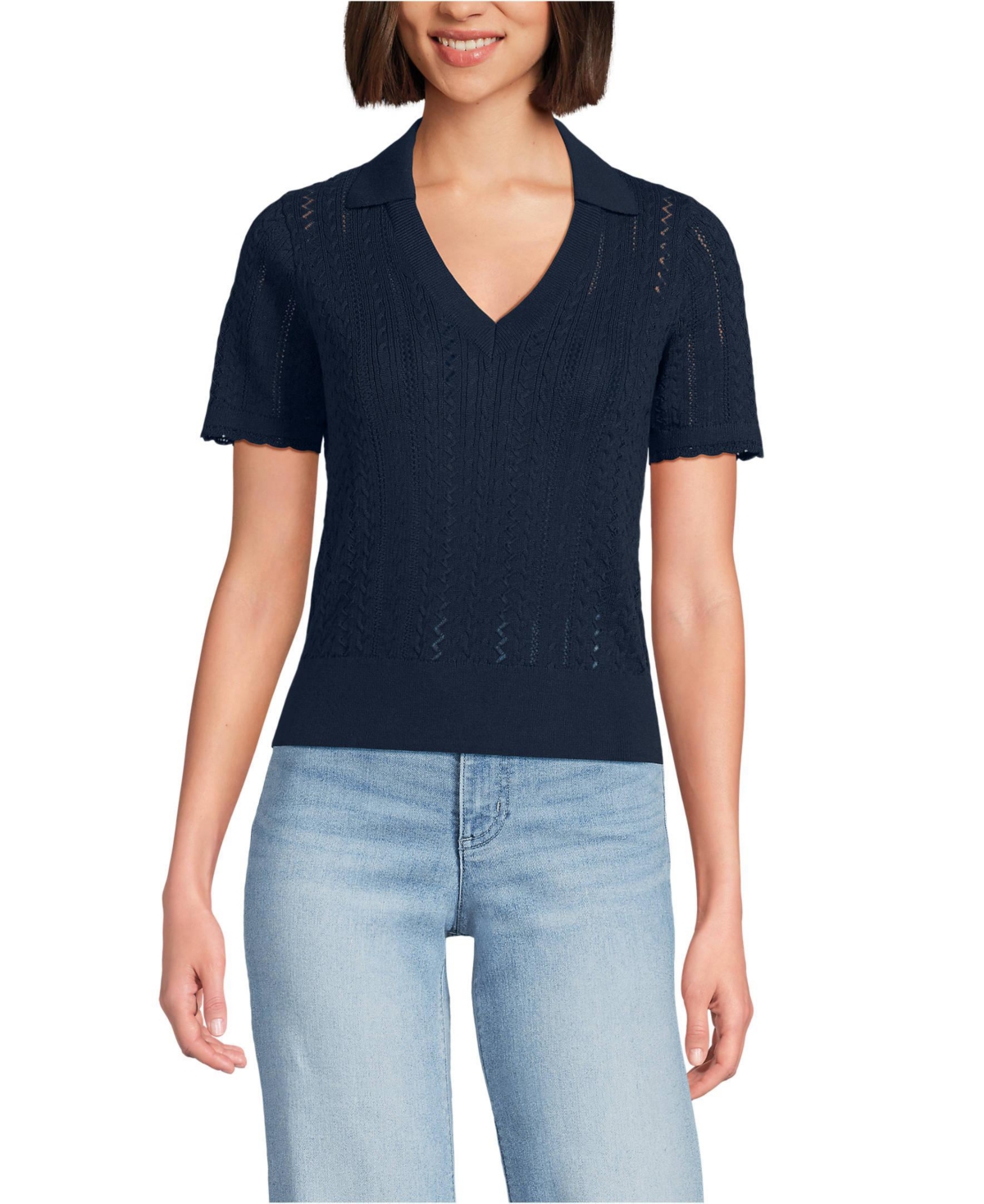 Click here for Lands End Womens Fine Gauge Cotton Pointelle Polo... prices
