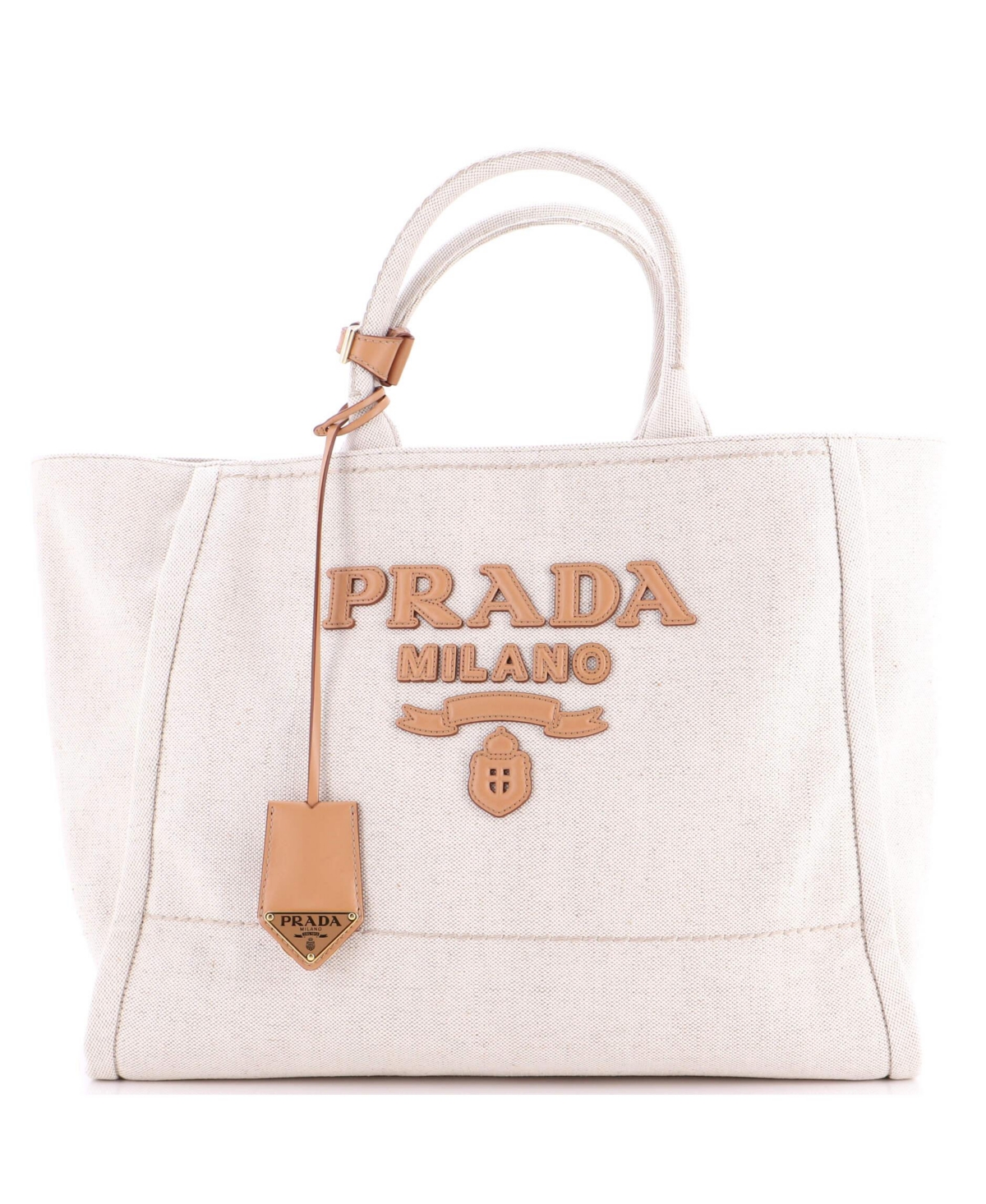 Click here for Pre-Owned Prada Large Logo Tote Linen Blend - Natu... prices