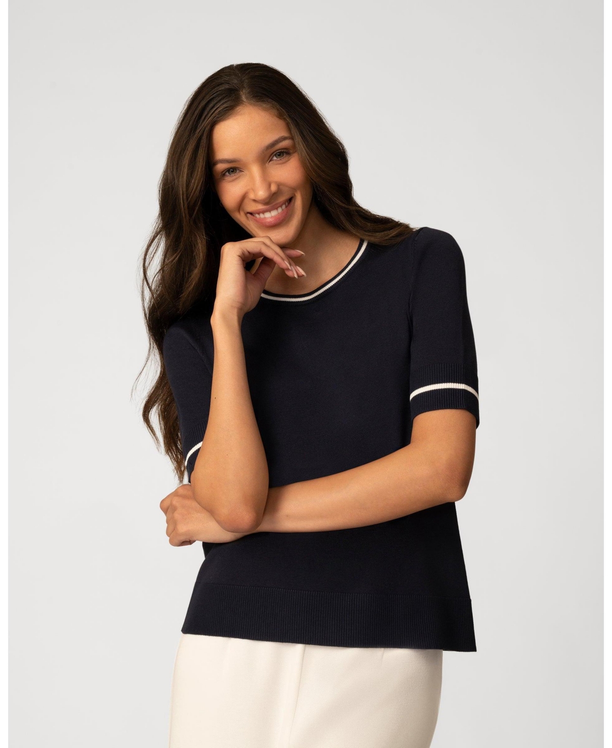 Click here for Cable & Gauge Womens Contrast Rib Trim Sweater - N... prices