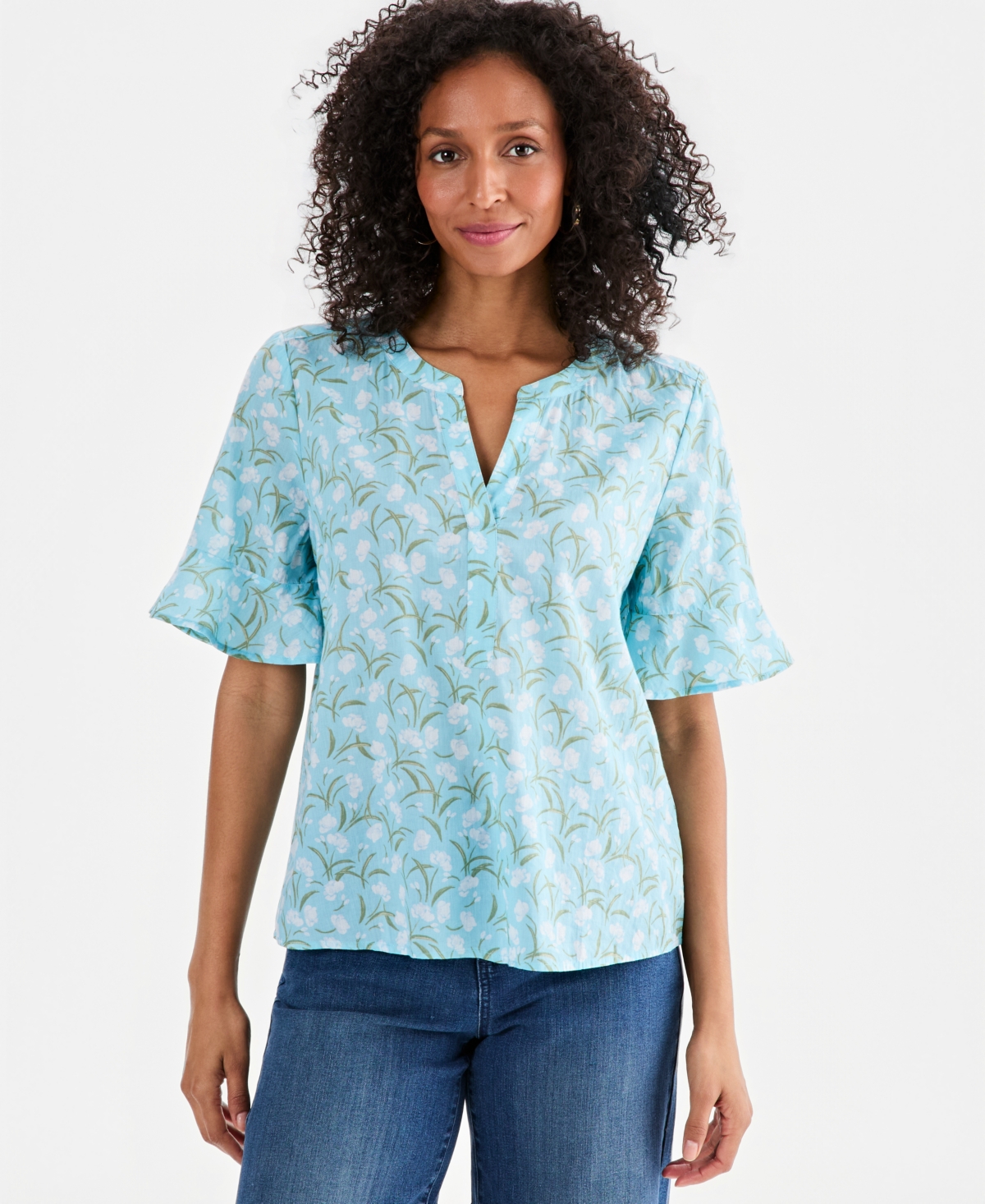 Click here for Style & Co Womens Printed Cotton Split-Neck Popove... prices