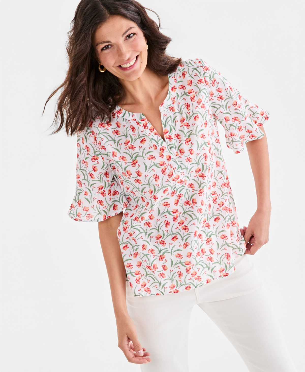 Click here for Style & Co Womens Printed Cotton Split-Neck Popove... prices